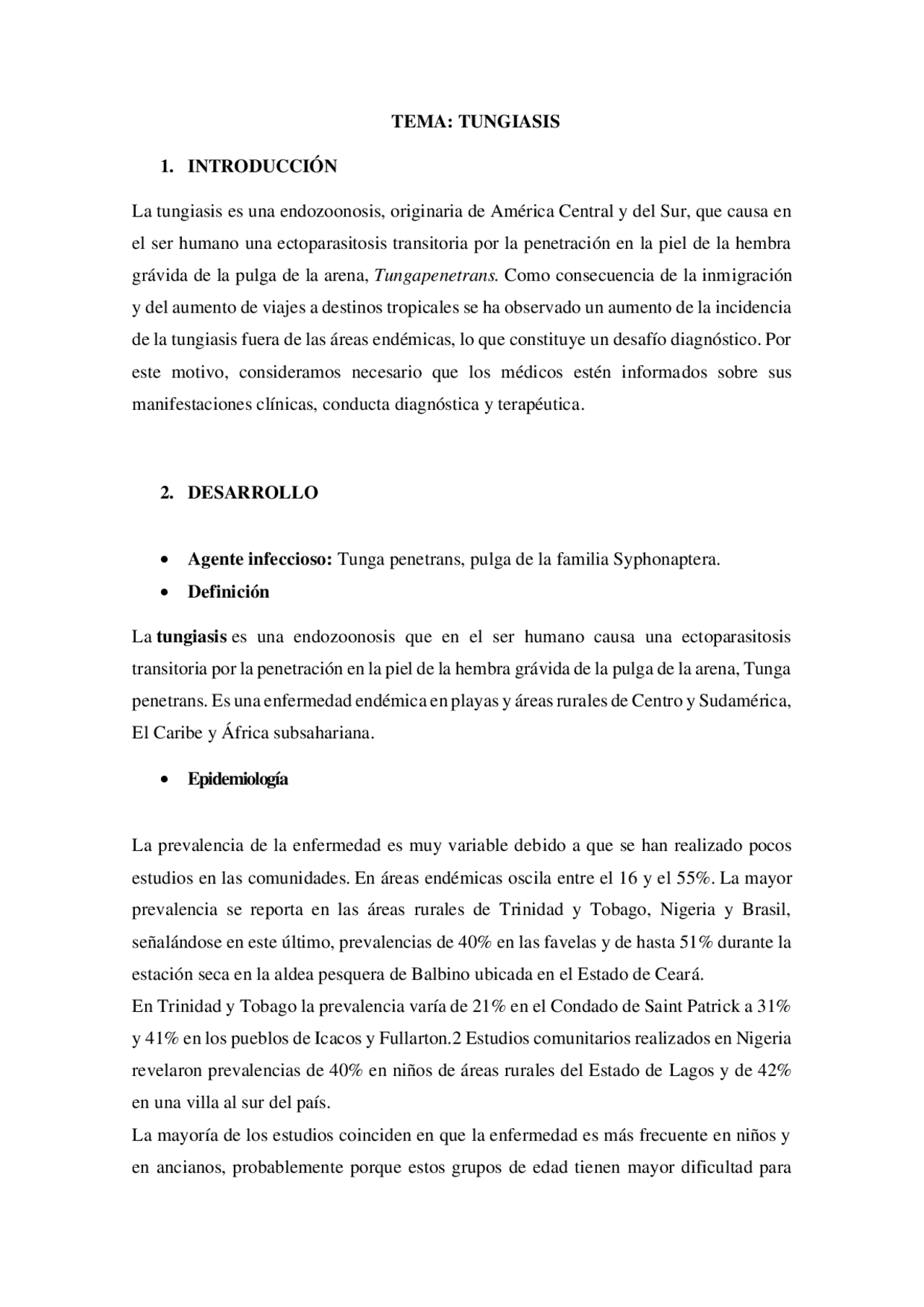 Tunguiasis Desarrollo Docsity