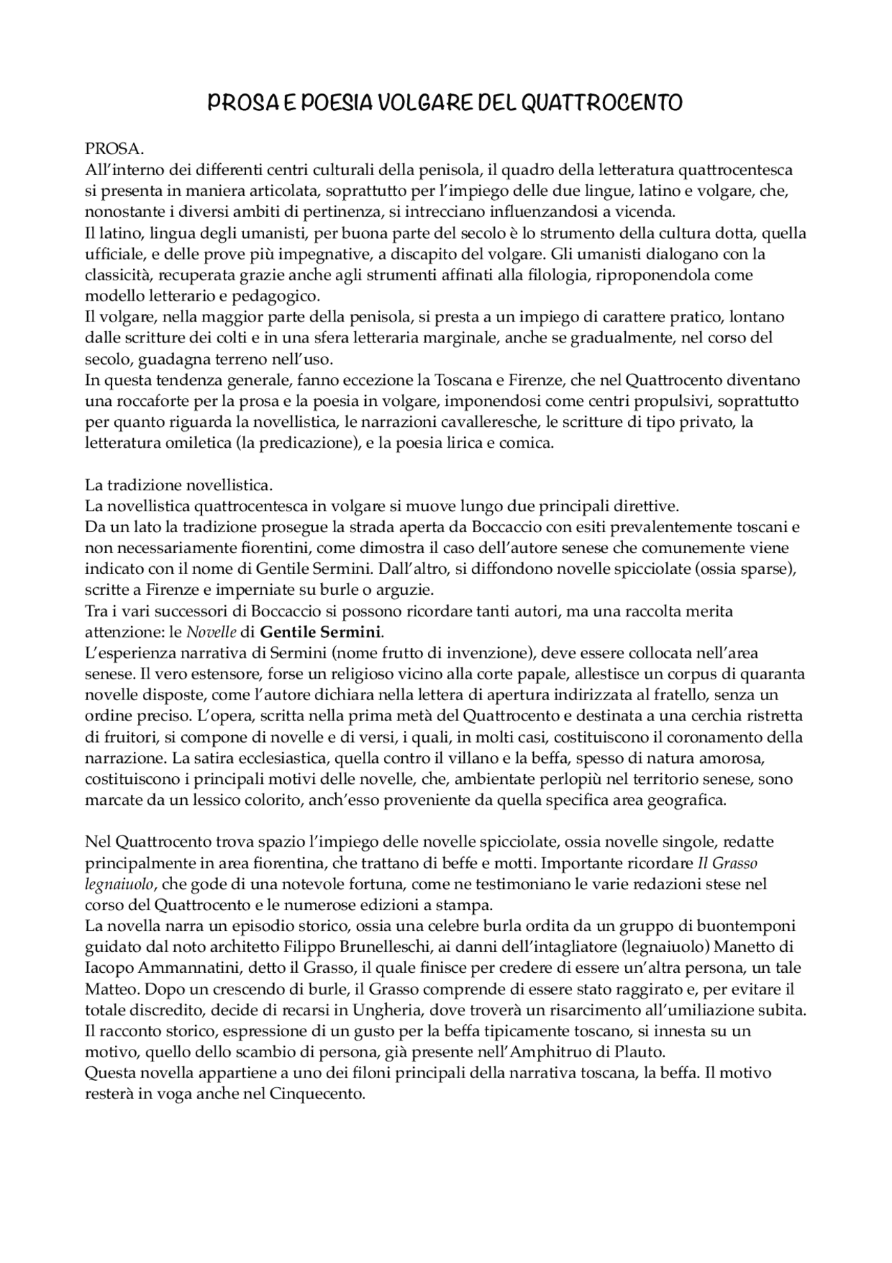 Prosa E Poesia Volgare Del Quattrocento Riassunto Docsity