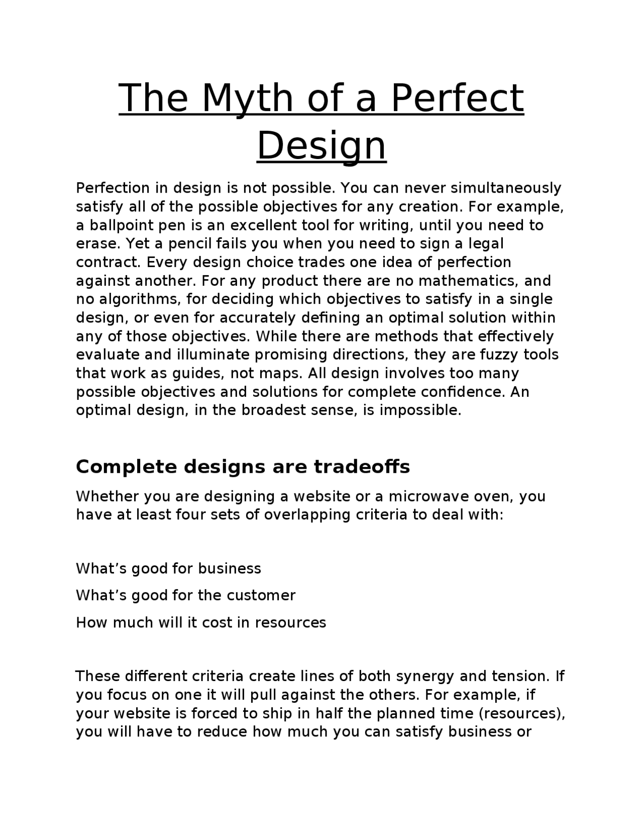 The Myth of a Perfect Design | Essays (high school) Design | Docsity