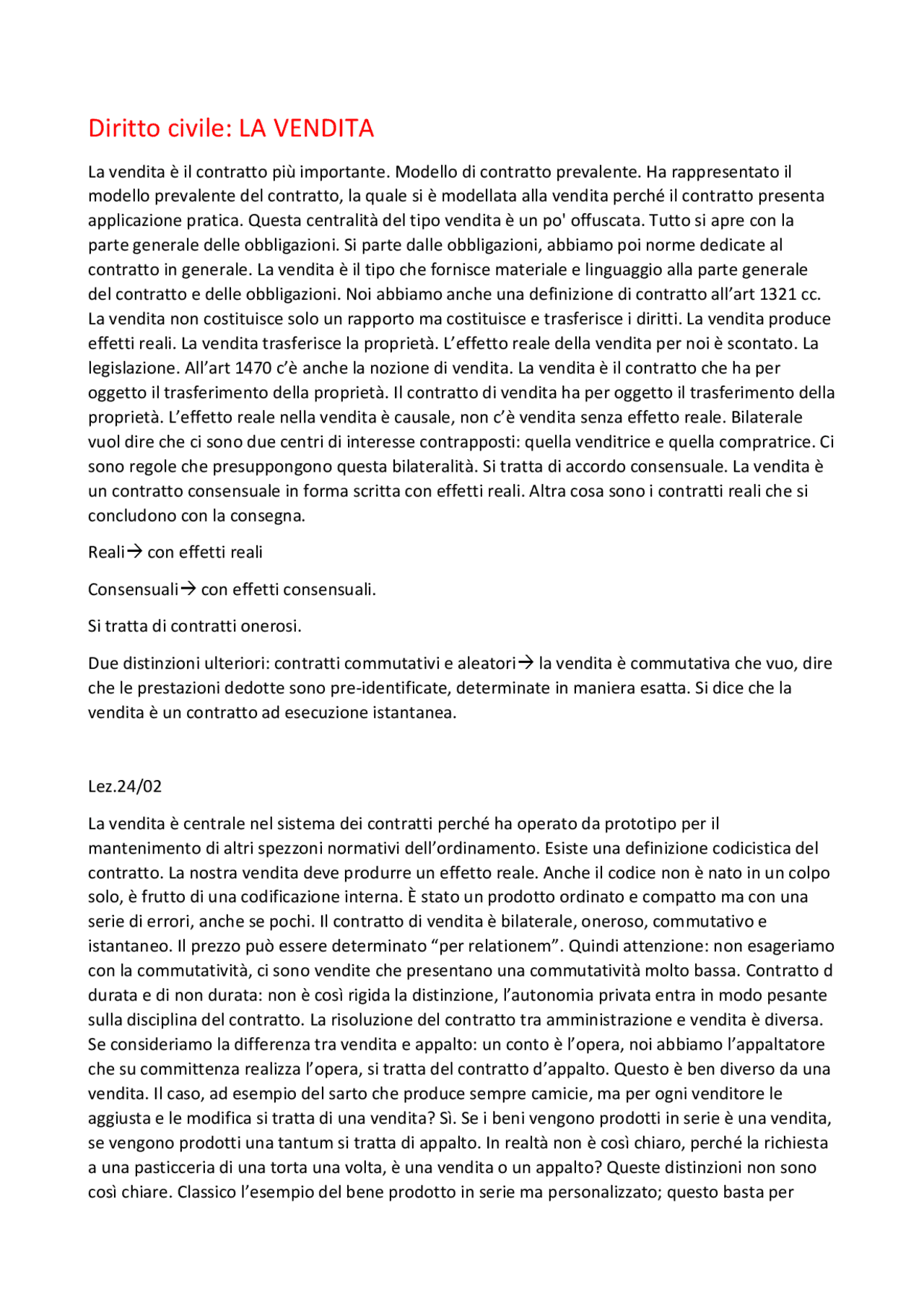 Diritto Civile I La Vendita Docsity