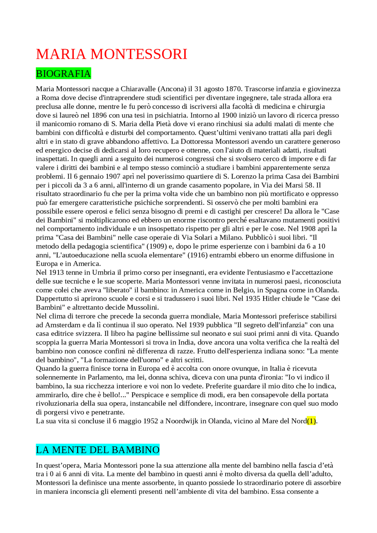 MARIA MONTESSORI vita e opere - Docsity