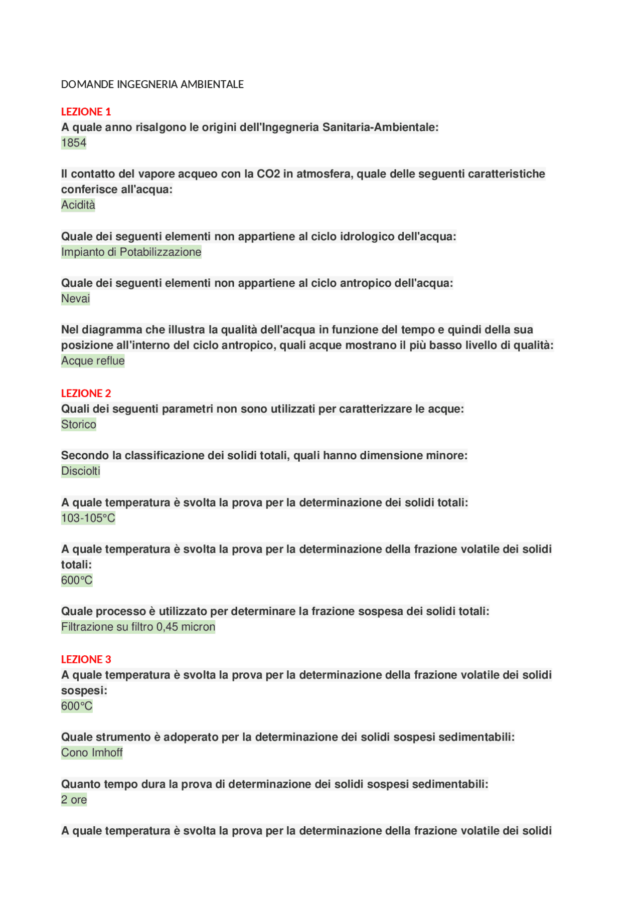 Domande Preparazione Esame Ingegneria Ambientale Docsity