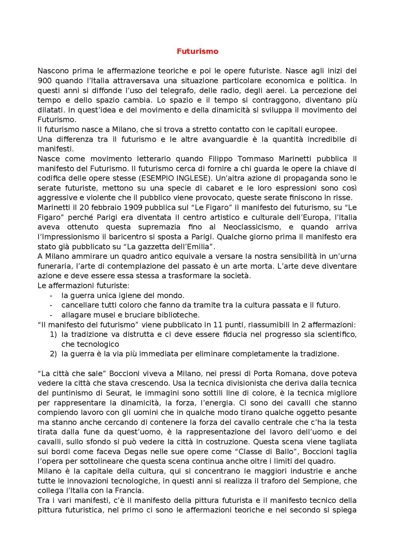 Futurismo Riassunto Docsity