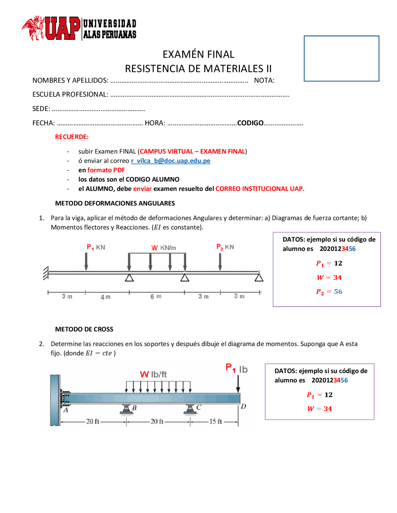 Examen final de resistencia de materiales II | Exámenes selectividad de Mecánica | Docsity