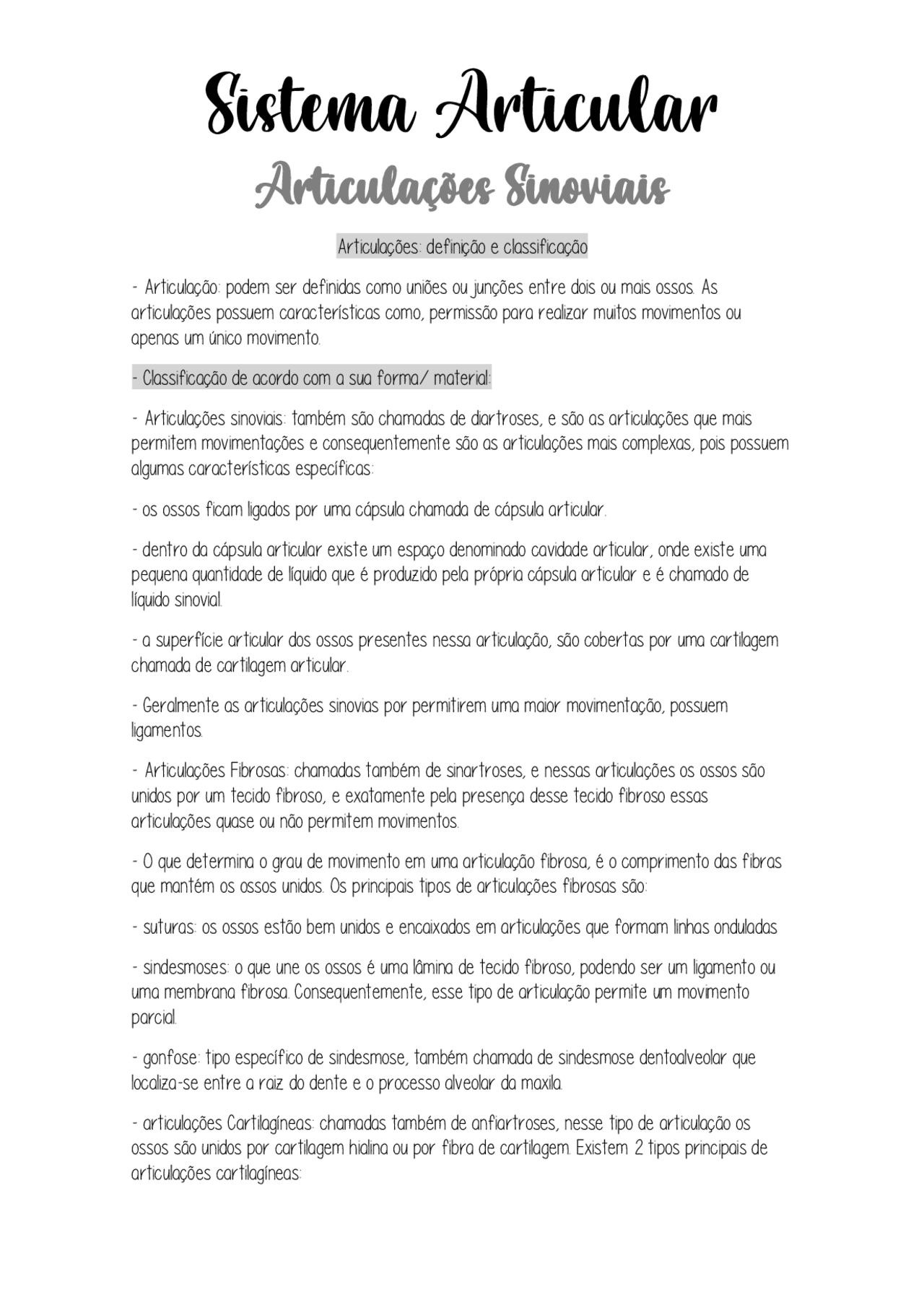 Fisiologia Humana ArticulaÇÕes Sinoviais Docsity