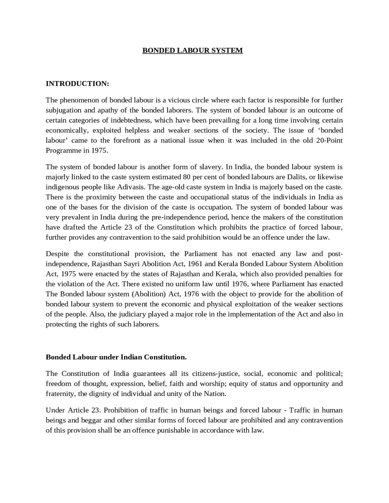 Bonded labour system - Docsity