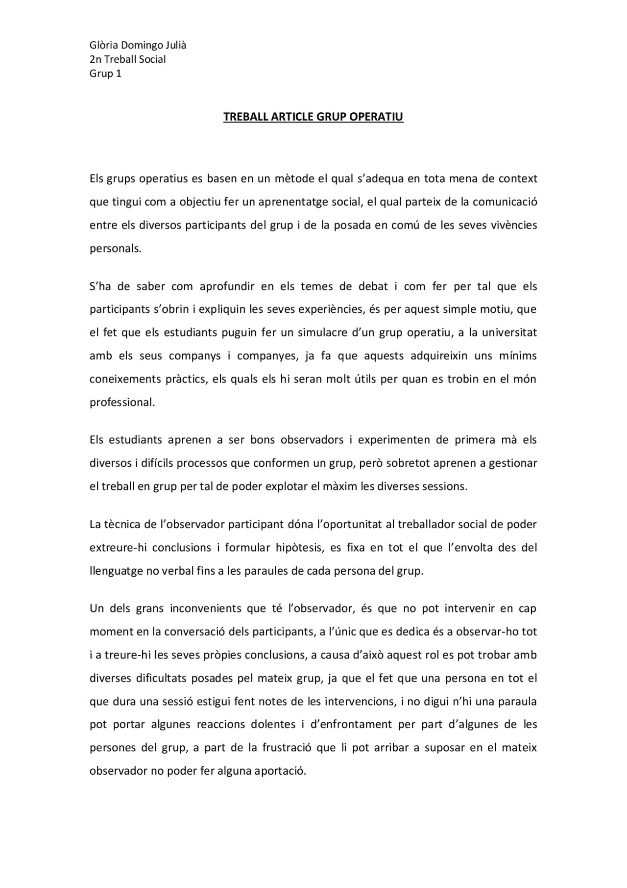 Treball Grups Operatius Ejercicios De Trabajo Social Docsity