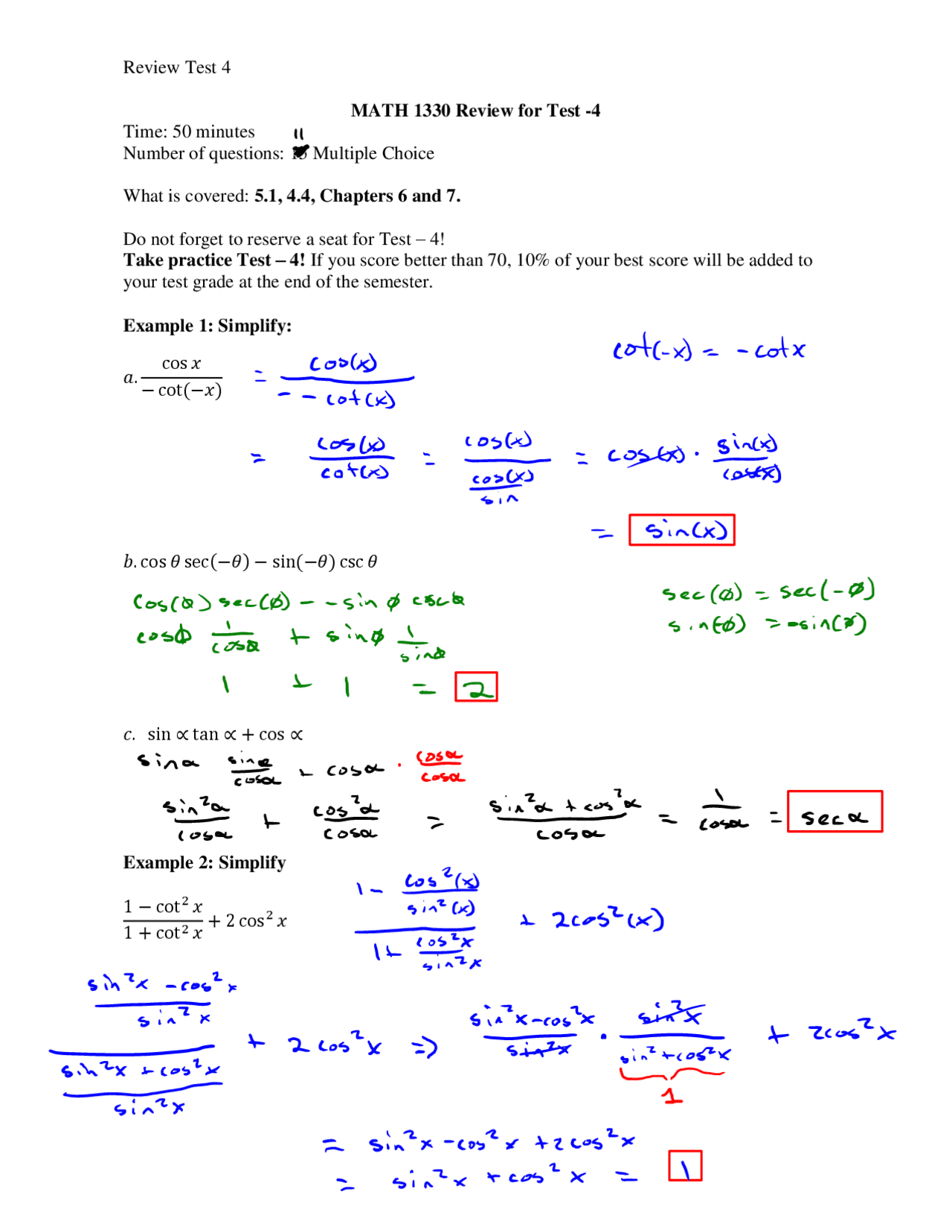 Calculus one quiz for the first unit - Docsity