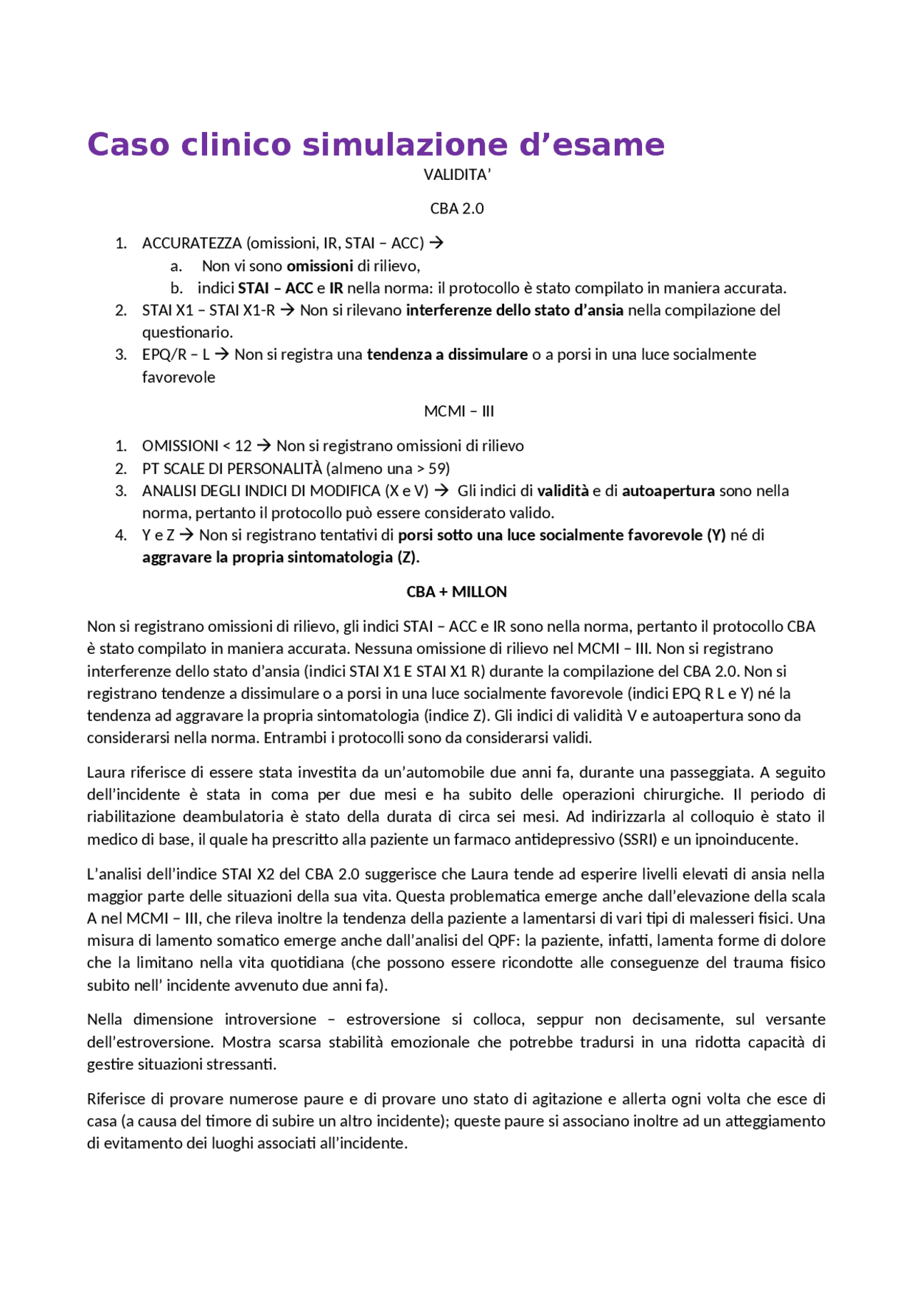 Esercizi simulazione prova finale | Esercizi di Psicodiagnostica - Docsity