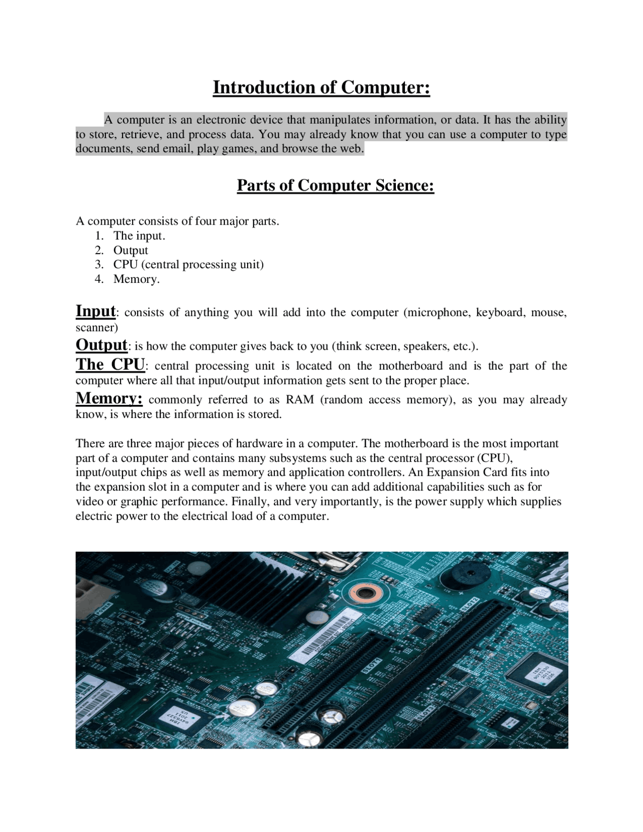 Short Introduction of Computer Its Parts, and its types - Docsity