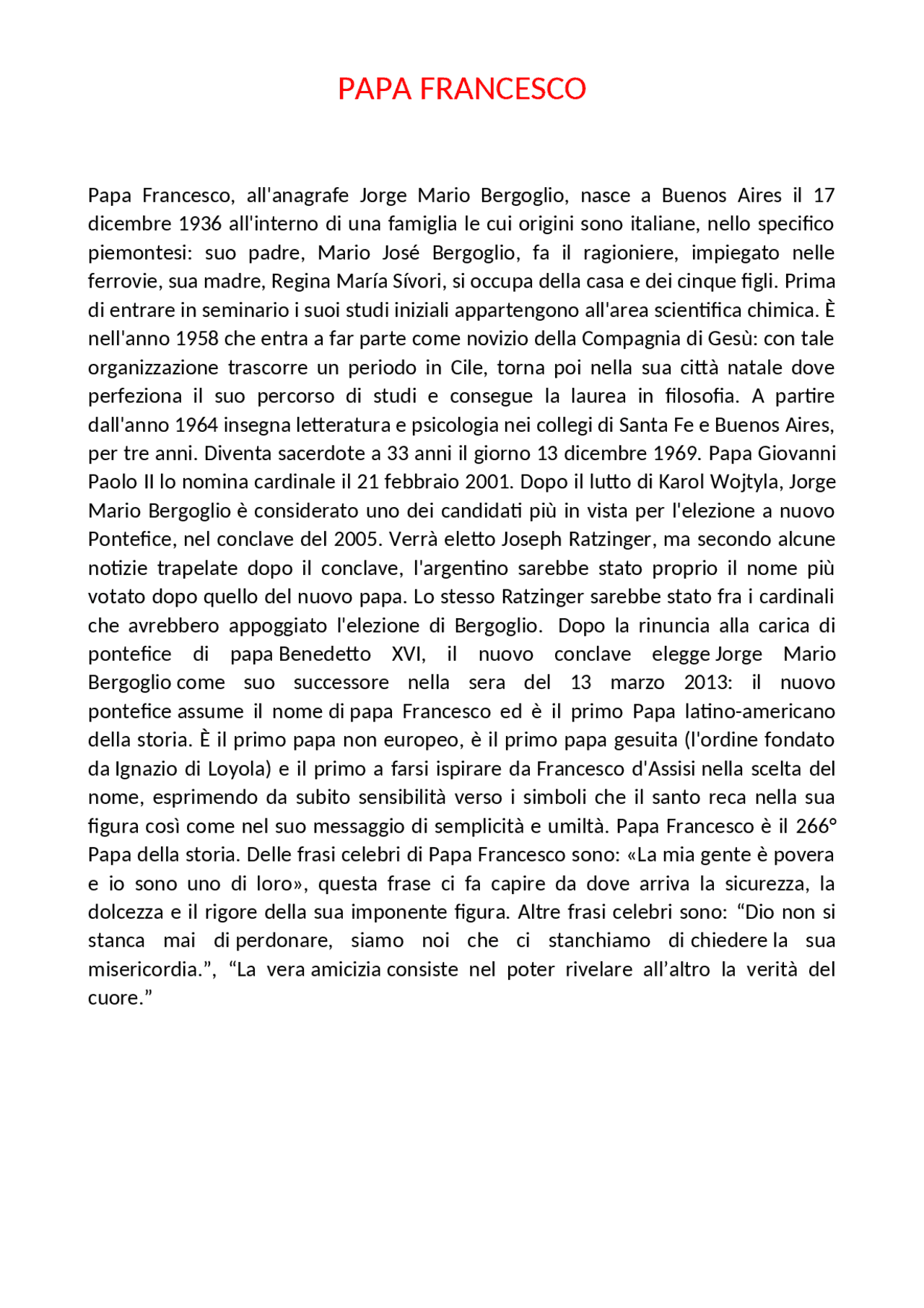 Ricerca Papa Francesco Docsity