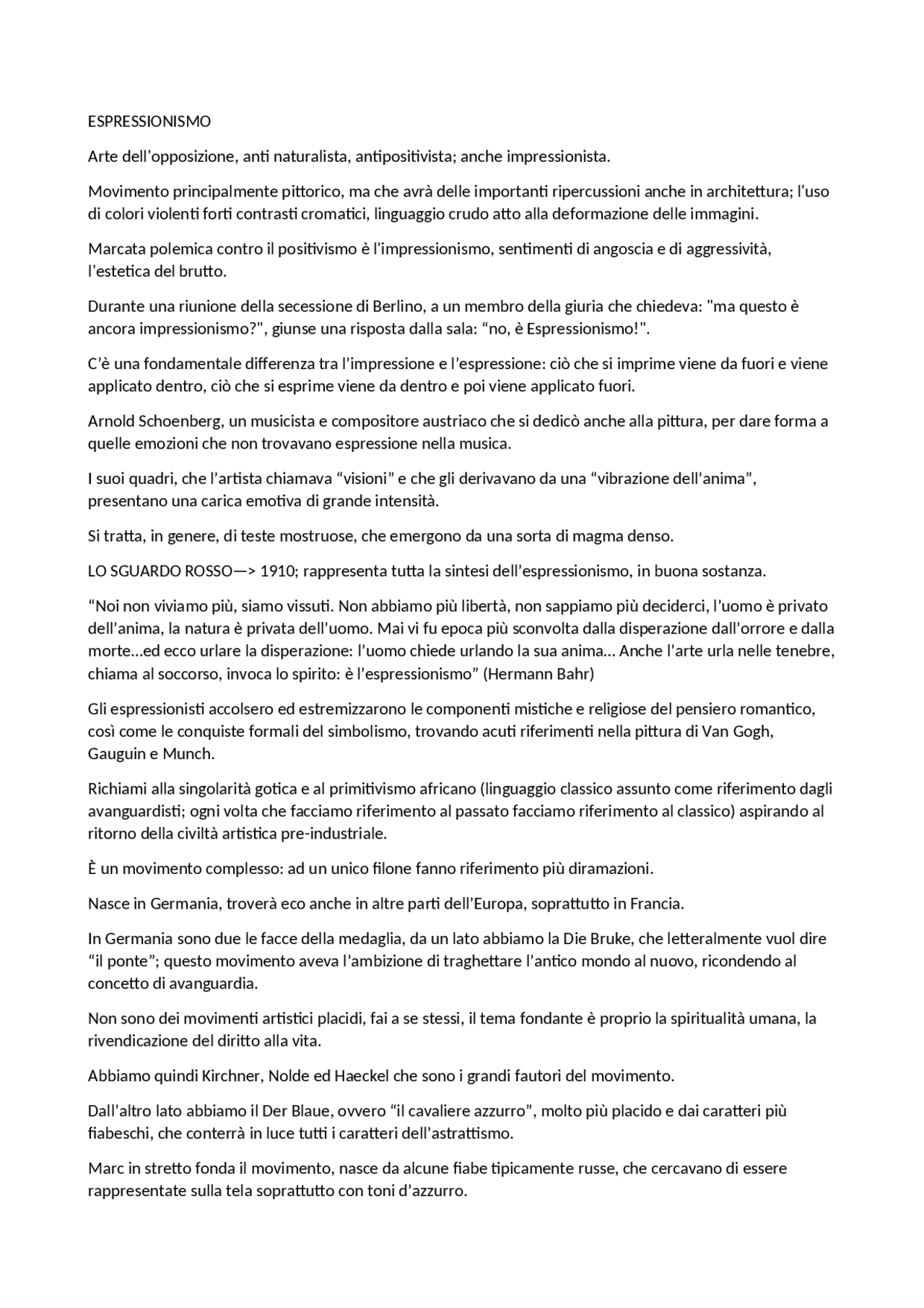 Espressionismo - storia dell'arte - Docsity