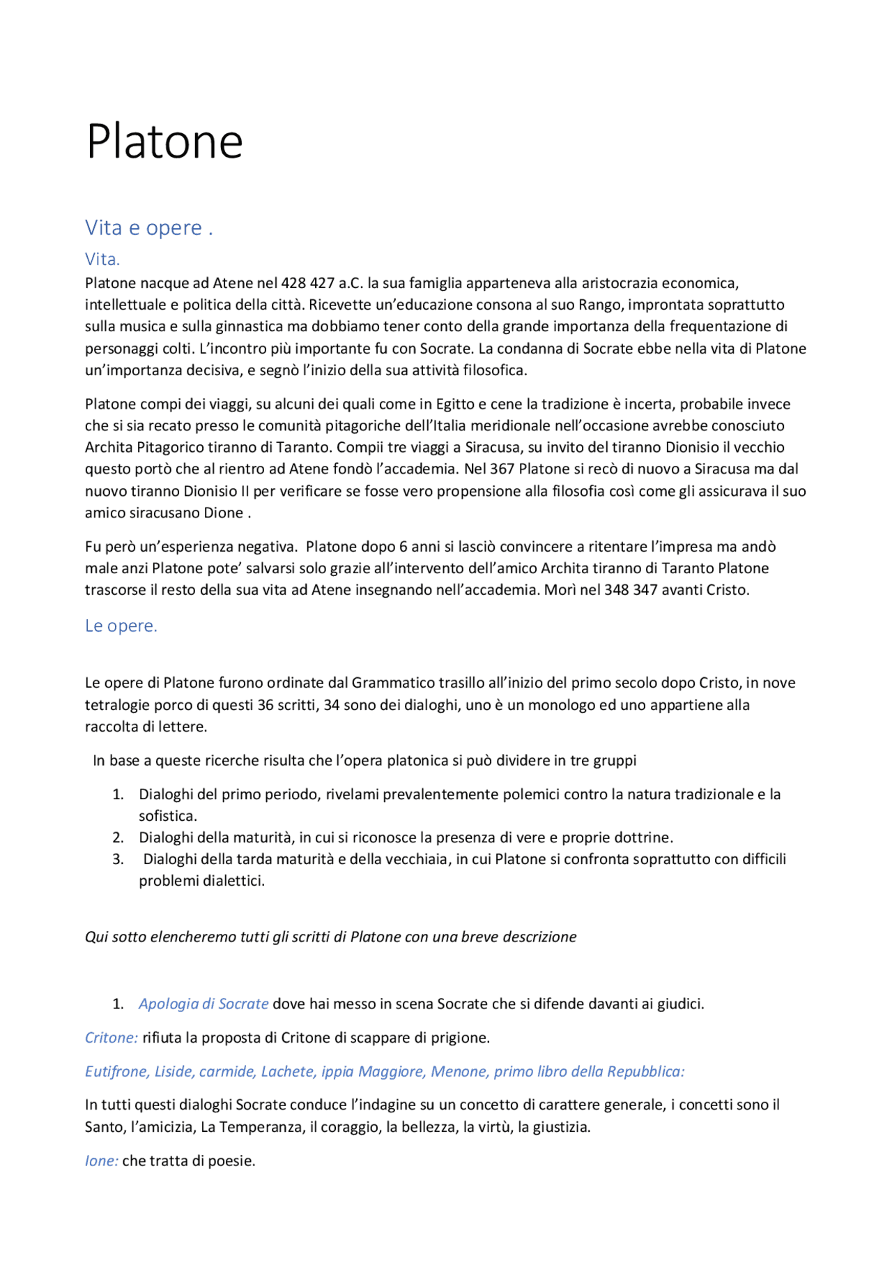 Riassunto Platone di Trabattoni - Docsity