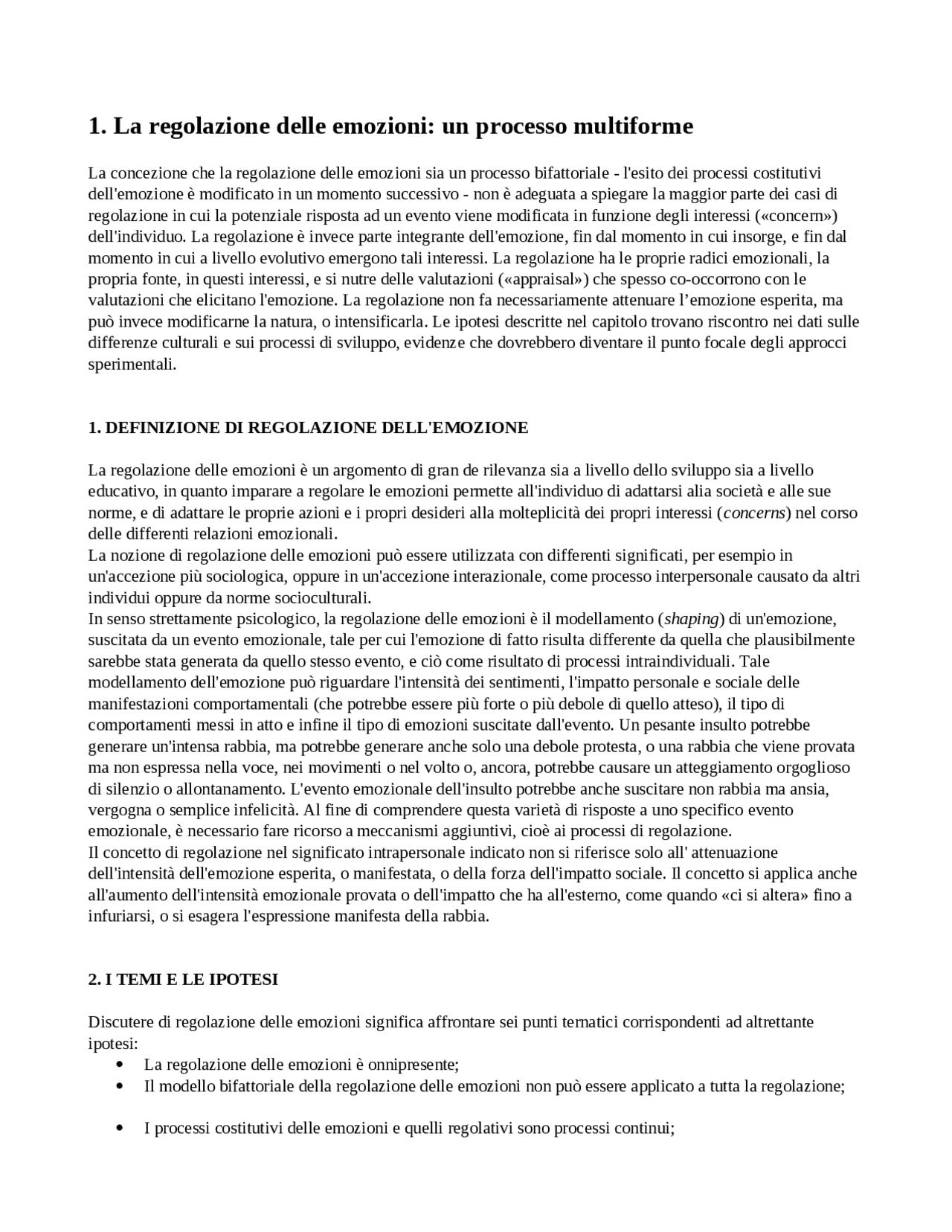 Riassunto La Regolazione Delle Emozioni Docsity