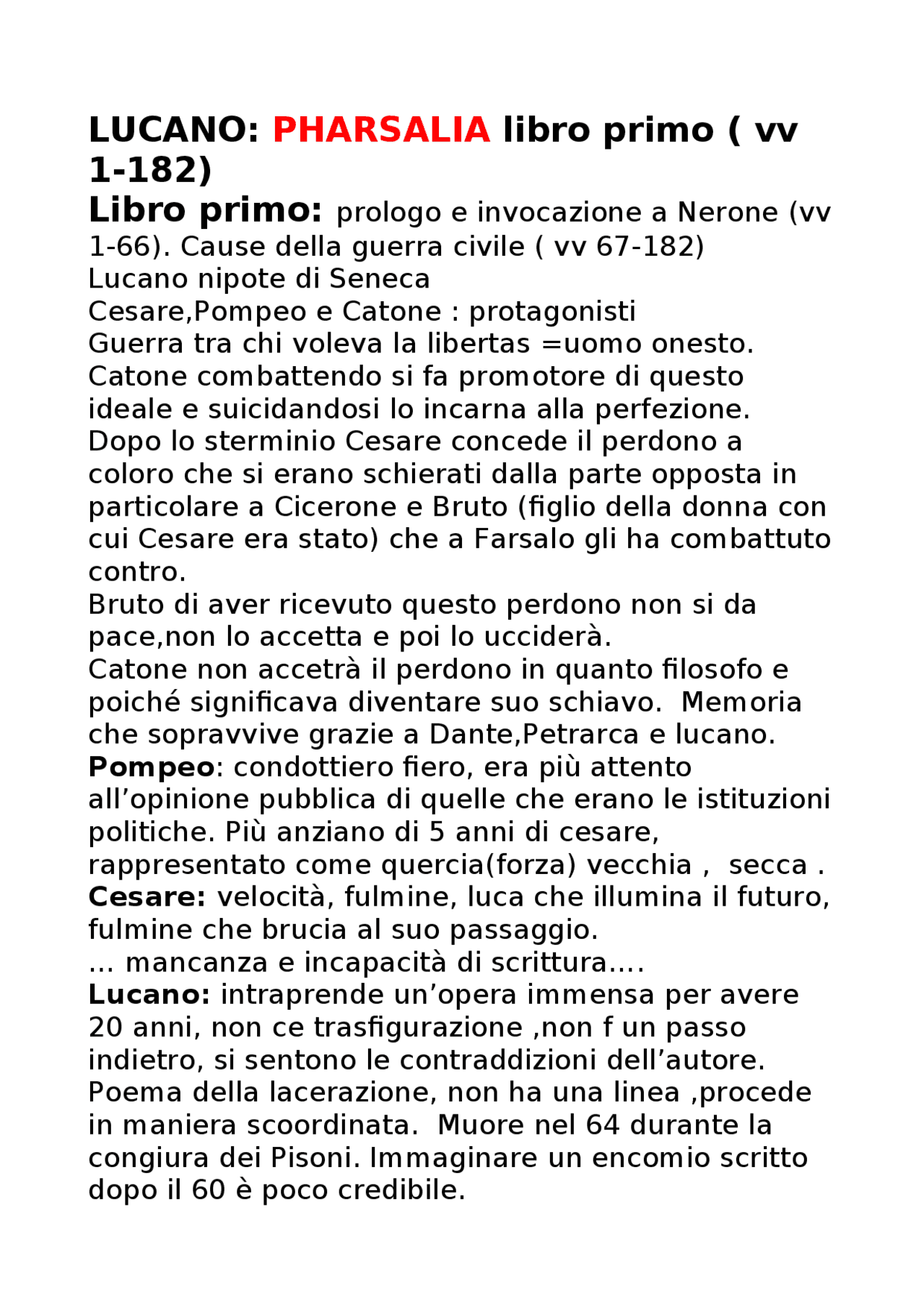 Lucano Pharsalia Libro Primo Docsity