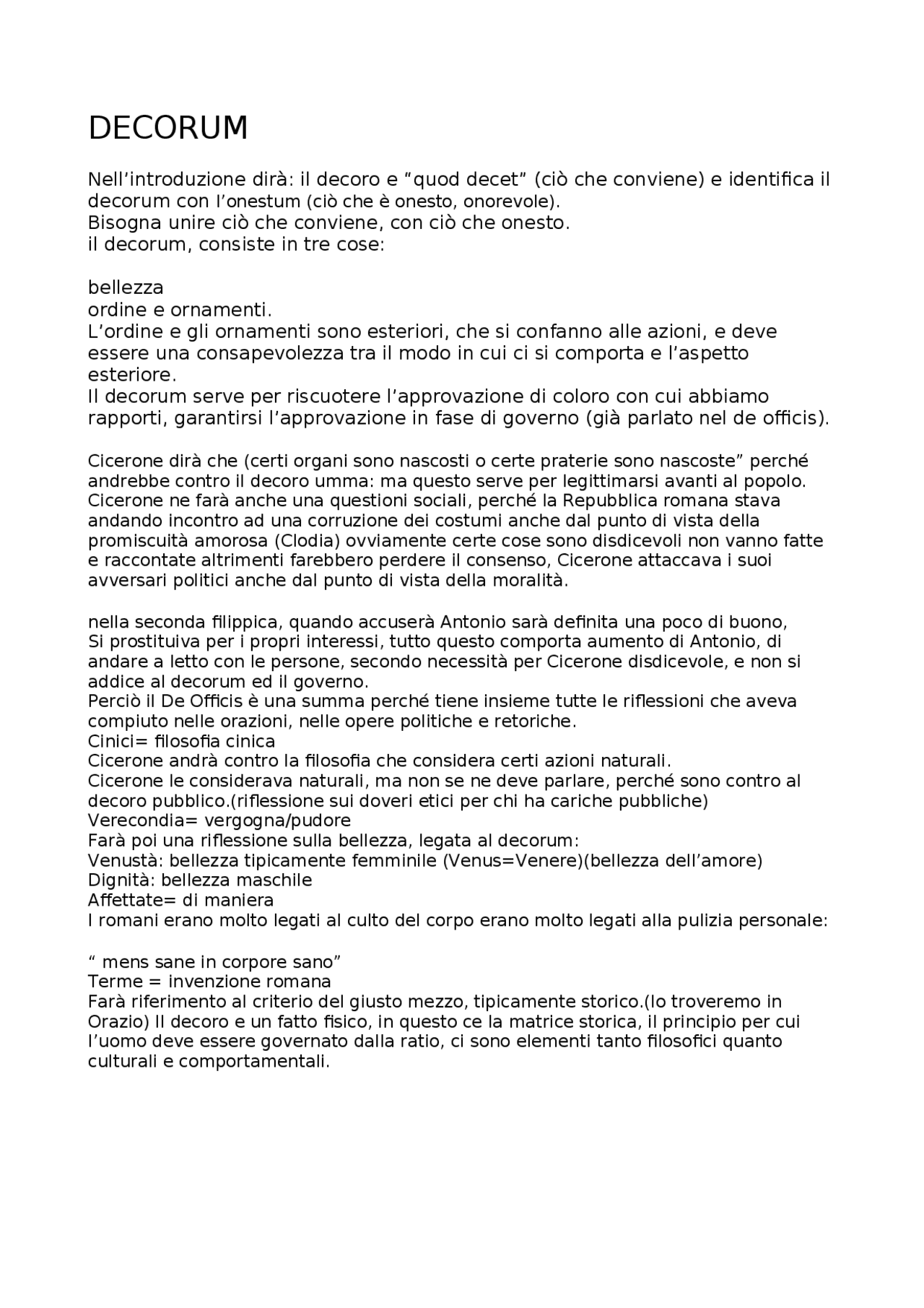 Cicerone decorum appunti | Appunti di Latino | Docsity