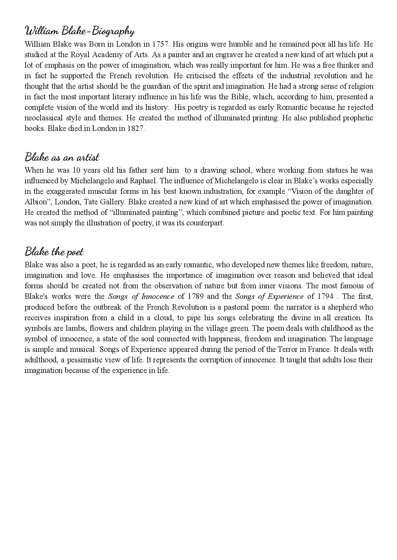 William Blake, biography, as an artist, as a poet - Docsity