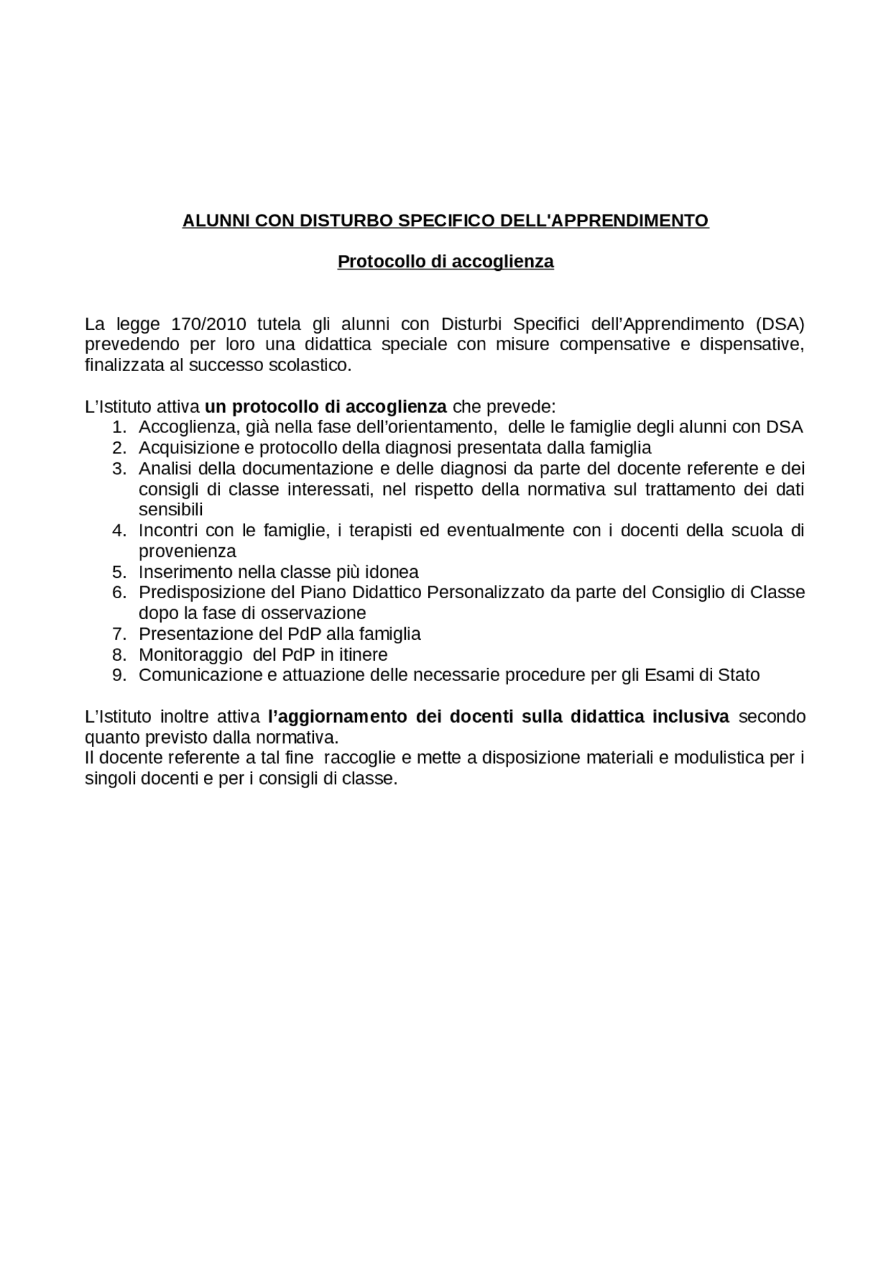 DSA protocollo di accoglienza alunni - Docsity