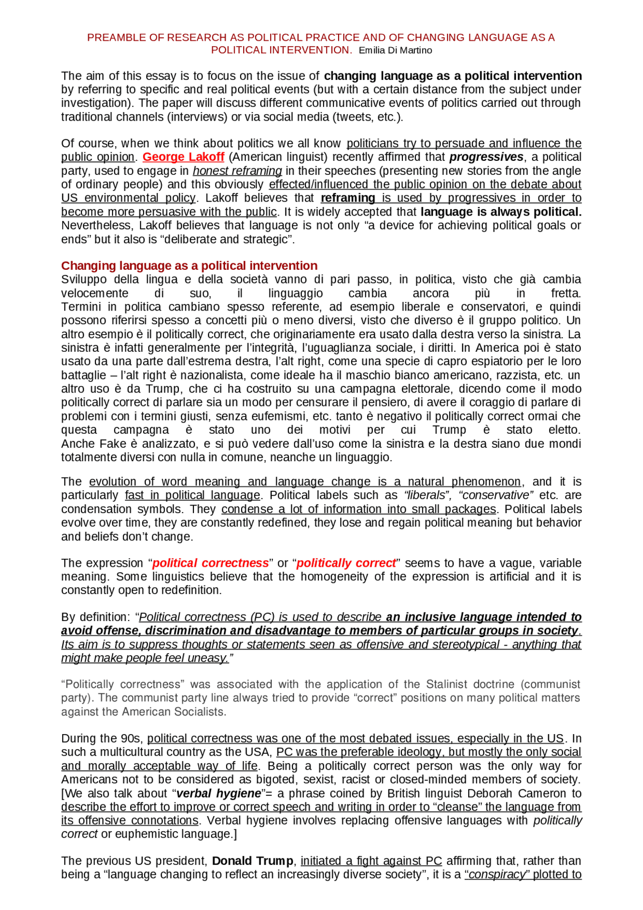 POLITICAL PRACTICE AND OF CHANGING LANGUAGE AS A POLITICAL INTERVENTION ...