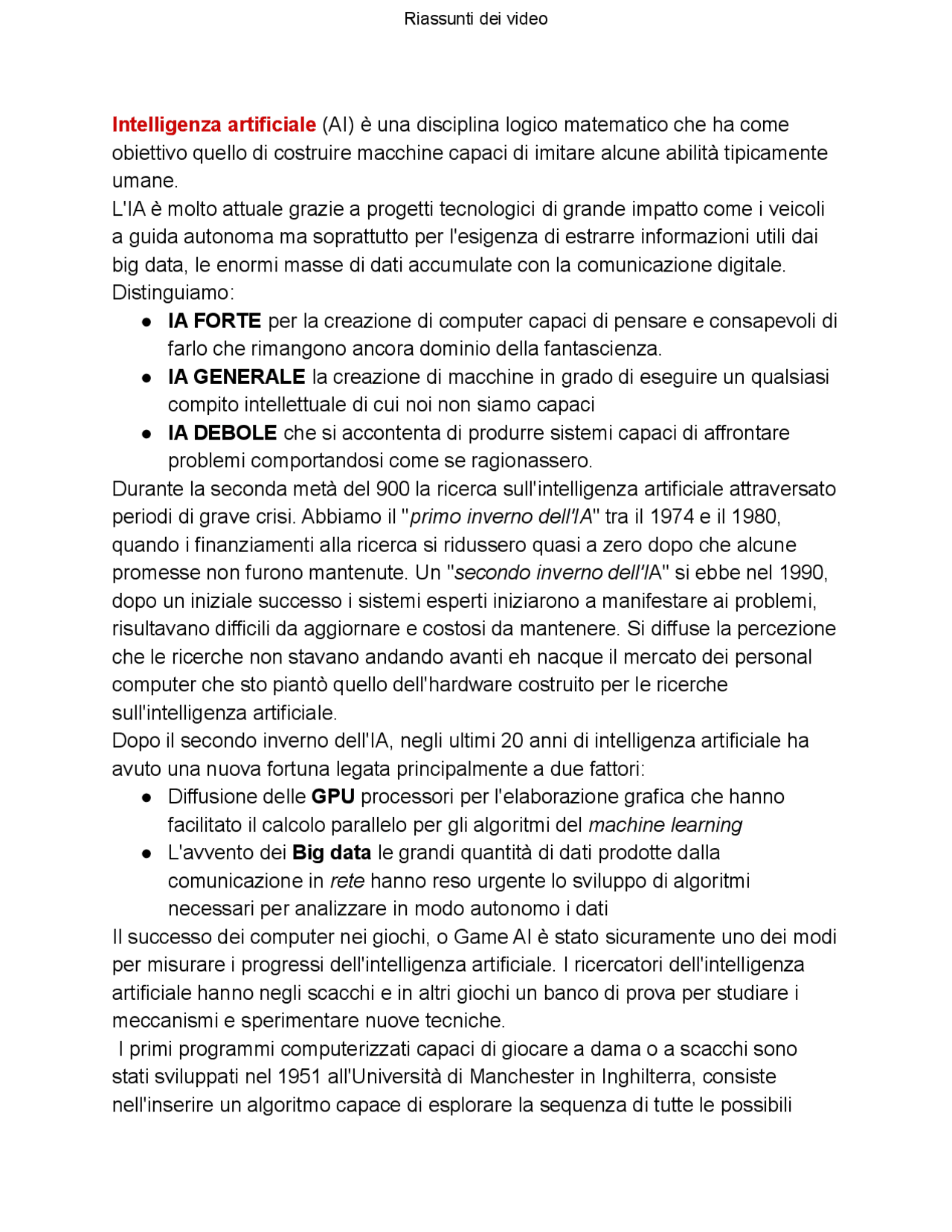 Riassunto Sullintelligenza Artificiale Docsity