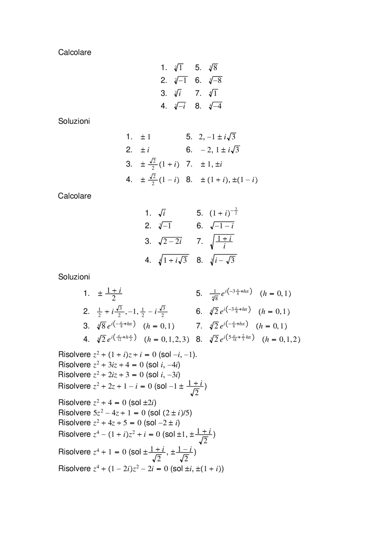 Numeri Complessi Esercizi Con Soluzioni Docsity