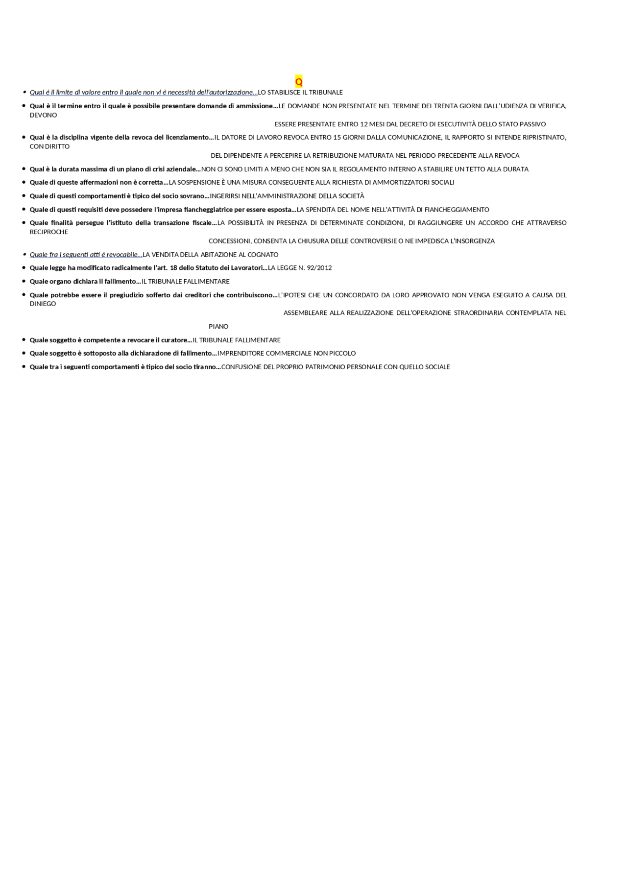 Test Diritto Fallimentare 2021 Docsity