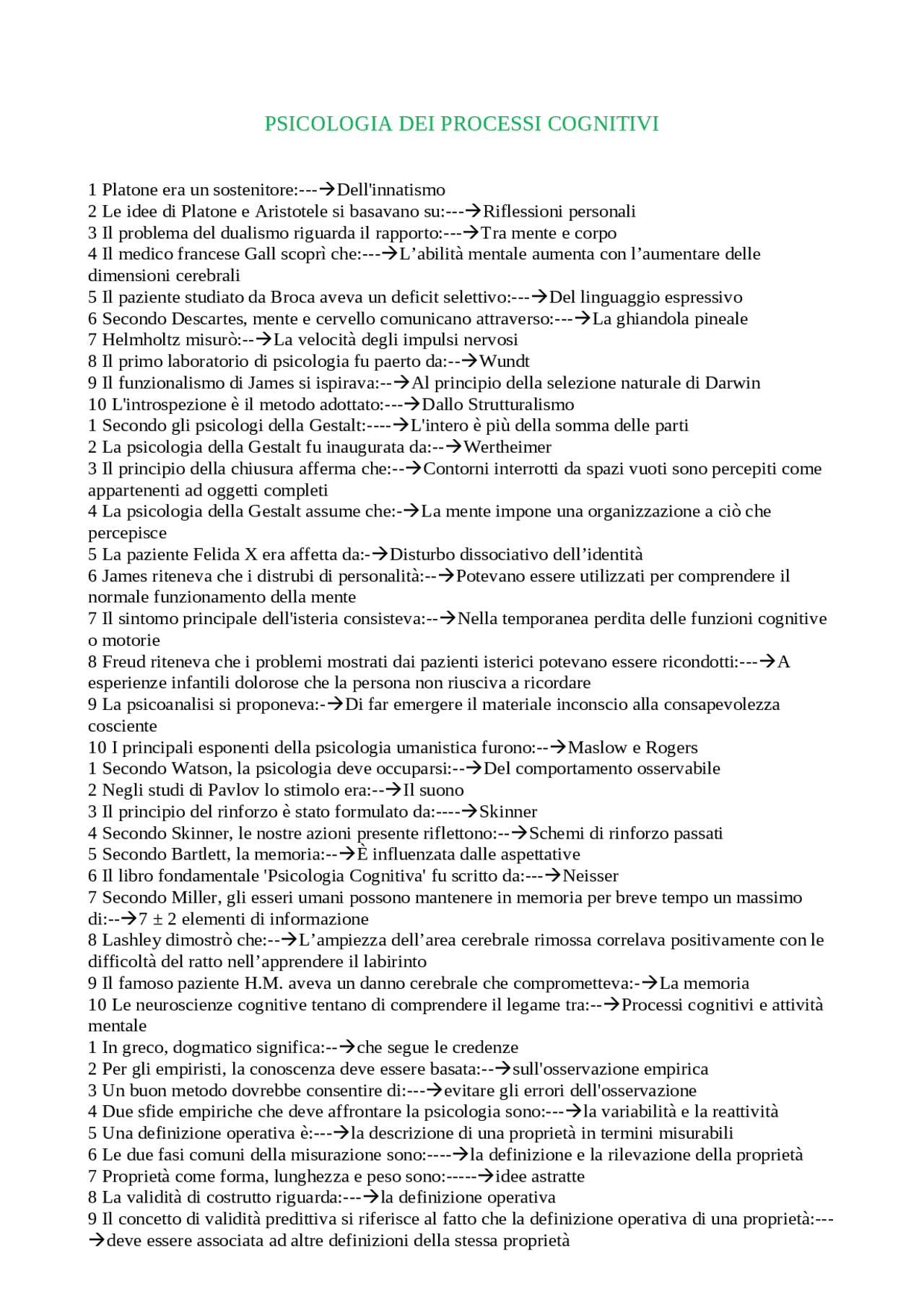 Psicologia Dei Processi Cognitivi Docsity