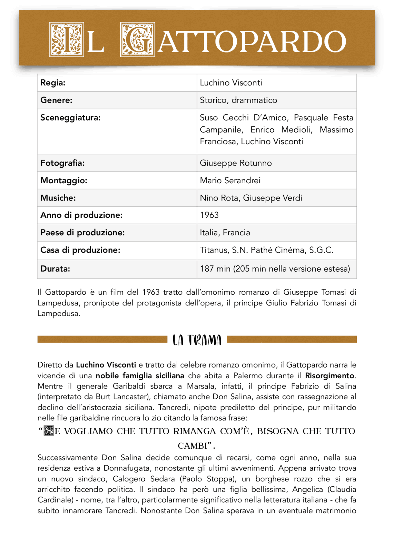 Scheda Filmica 《il Gattopardo》 Docsity