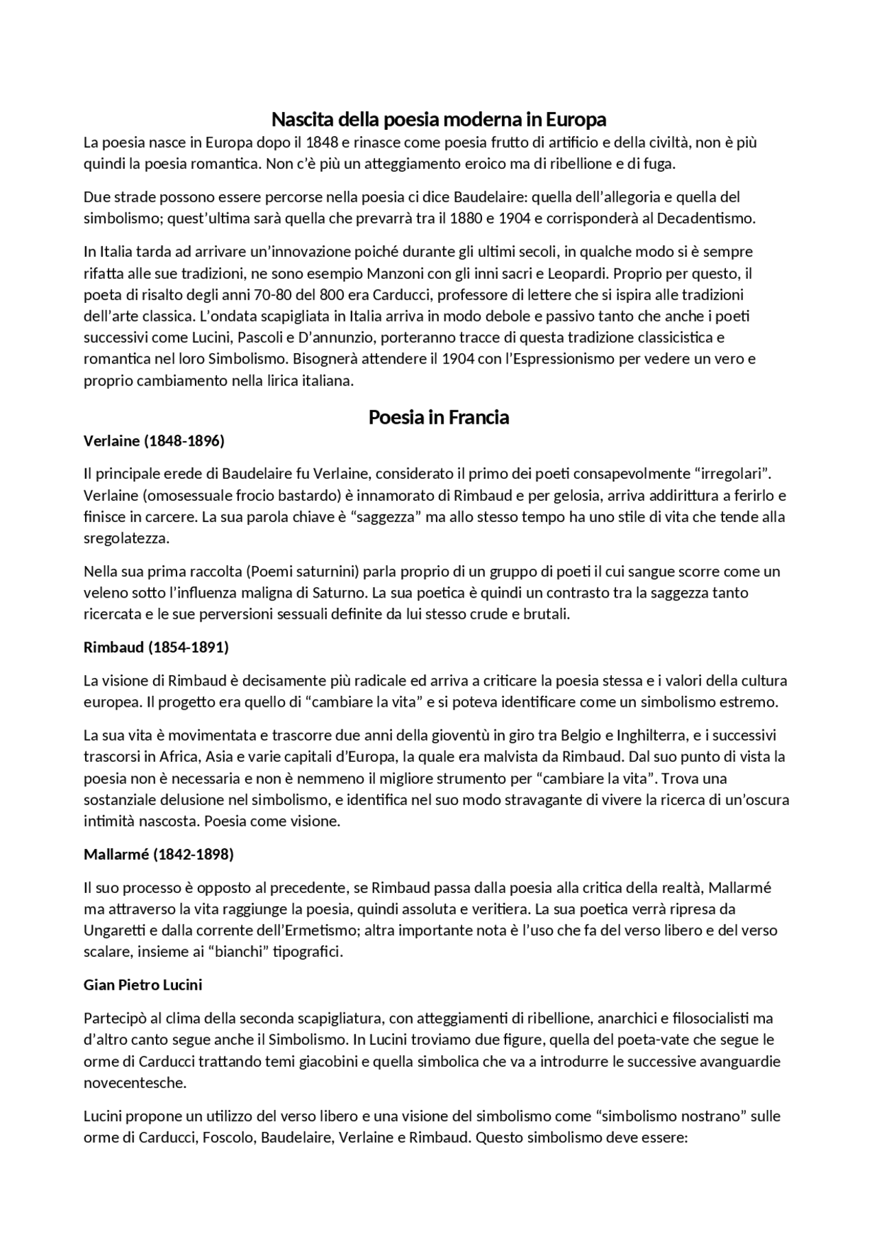 NASCITA DELLA POESIA MODERNA. - Docsity