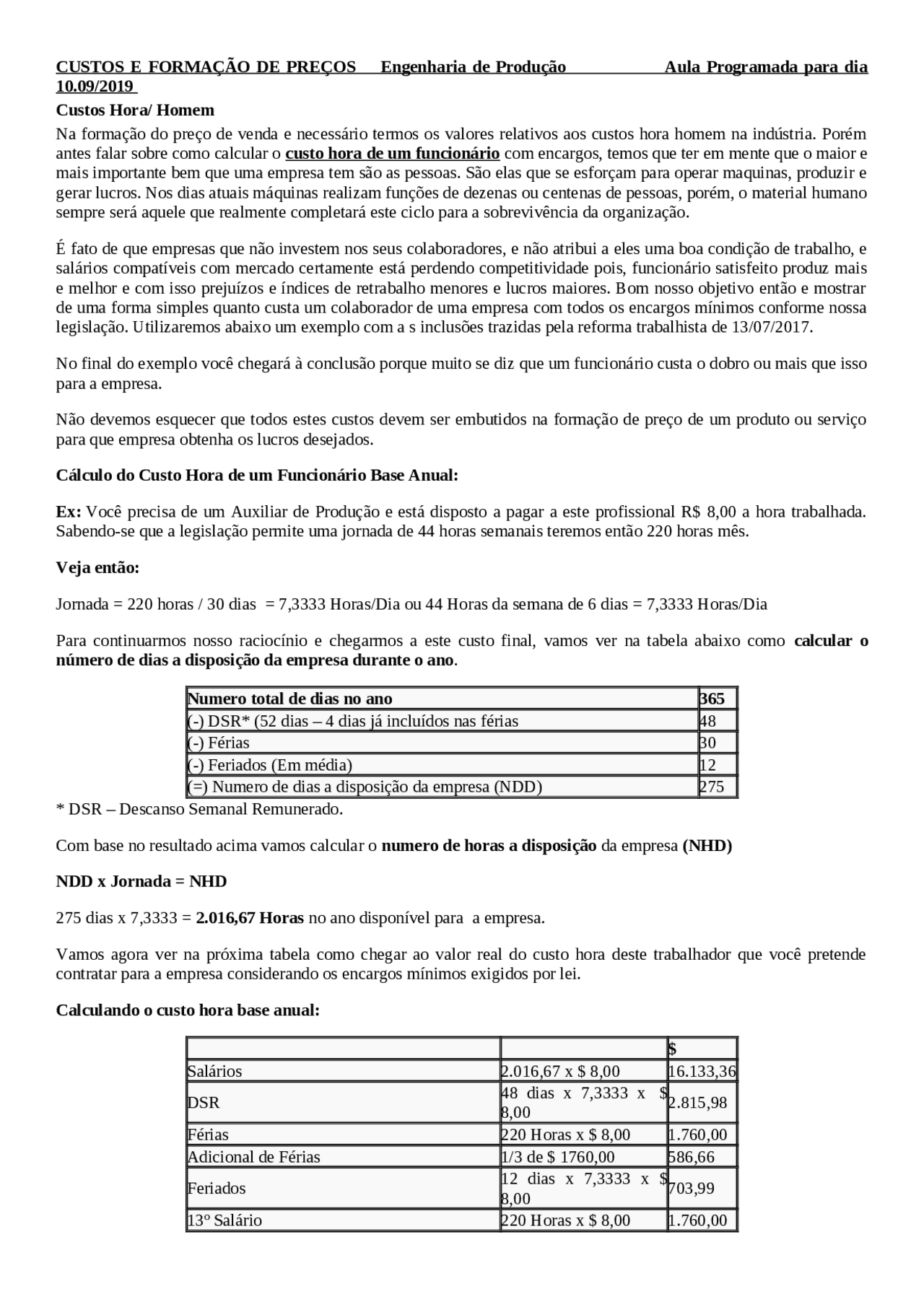 Hora homem cálculo de empresa - Docsity