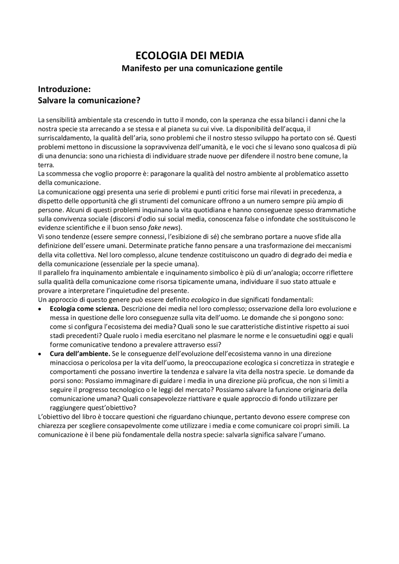 Riassunto Ecologia Media Docsity