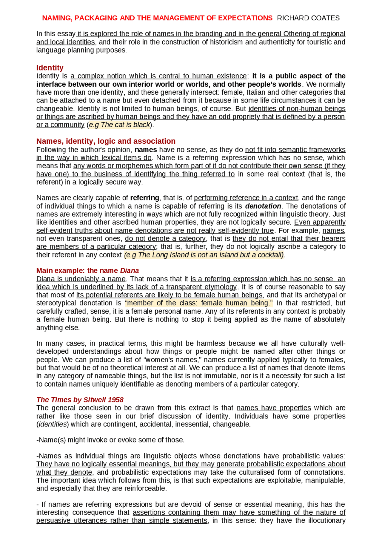 Riassunto Naming Packaging And The Management Of Expectations Docsity