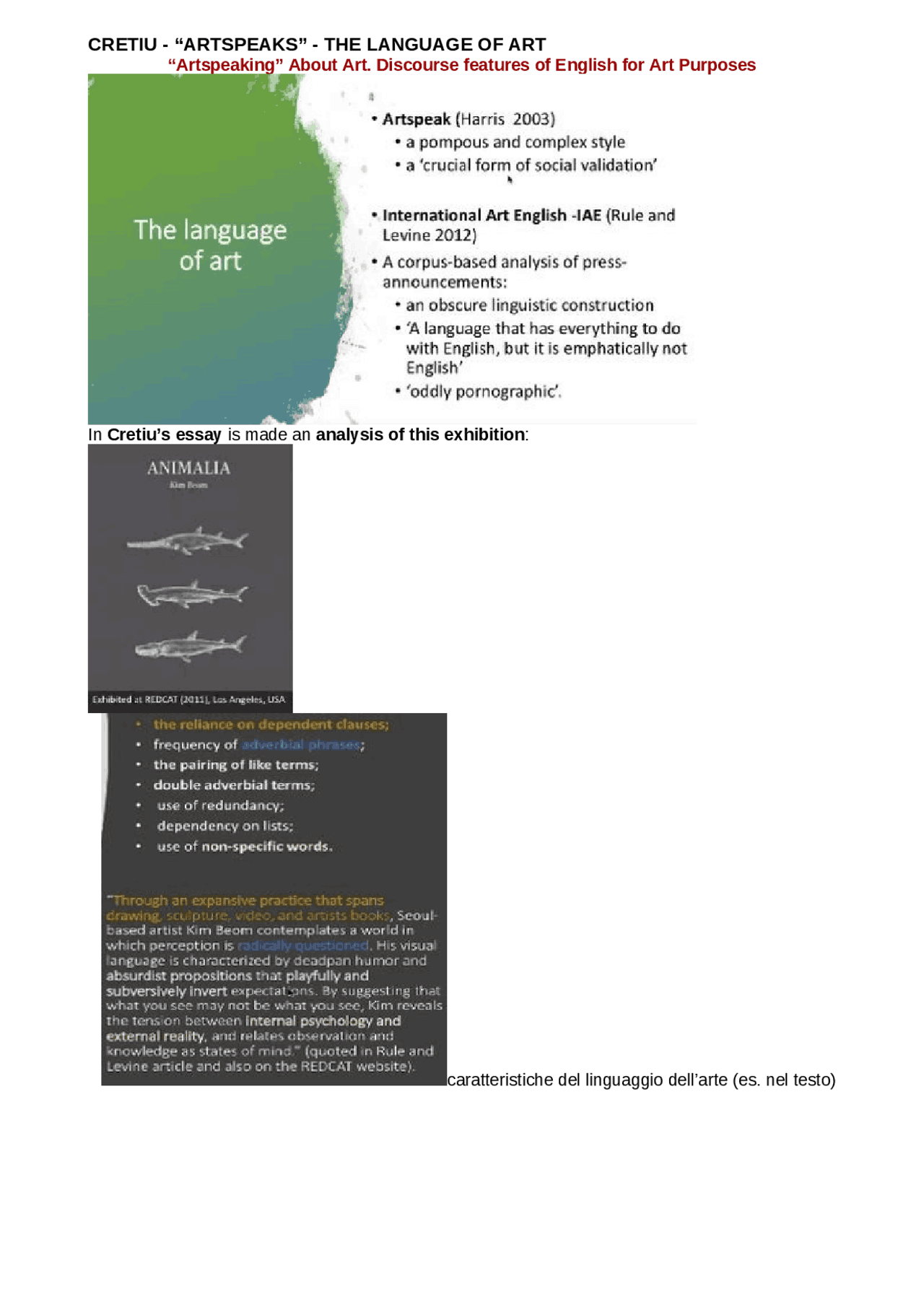 Riassunto Saggio - “Artspeaking” About Art. Discourse features of ...