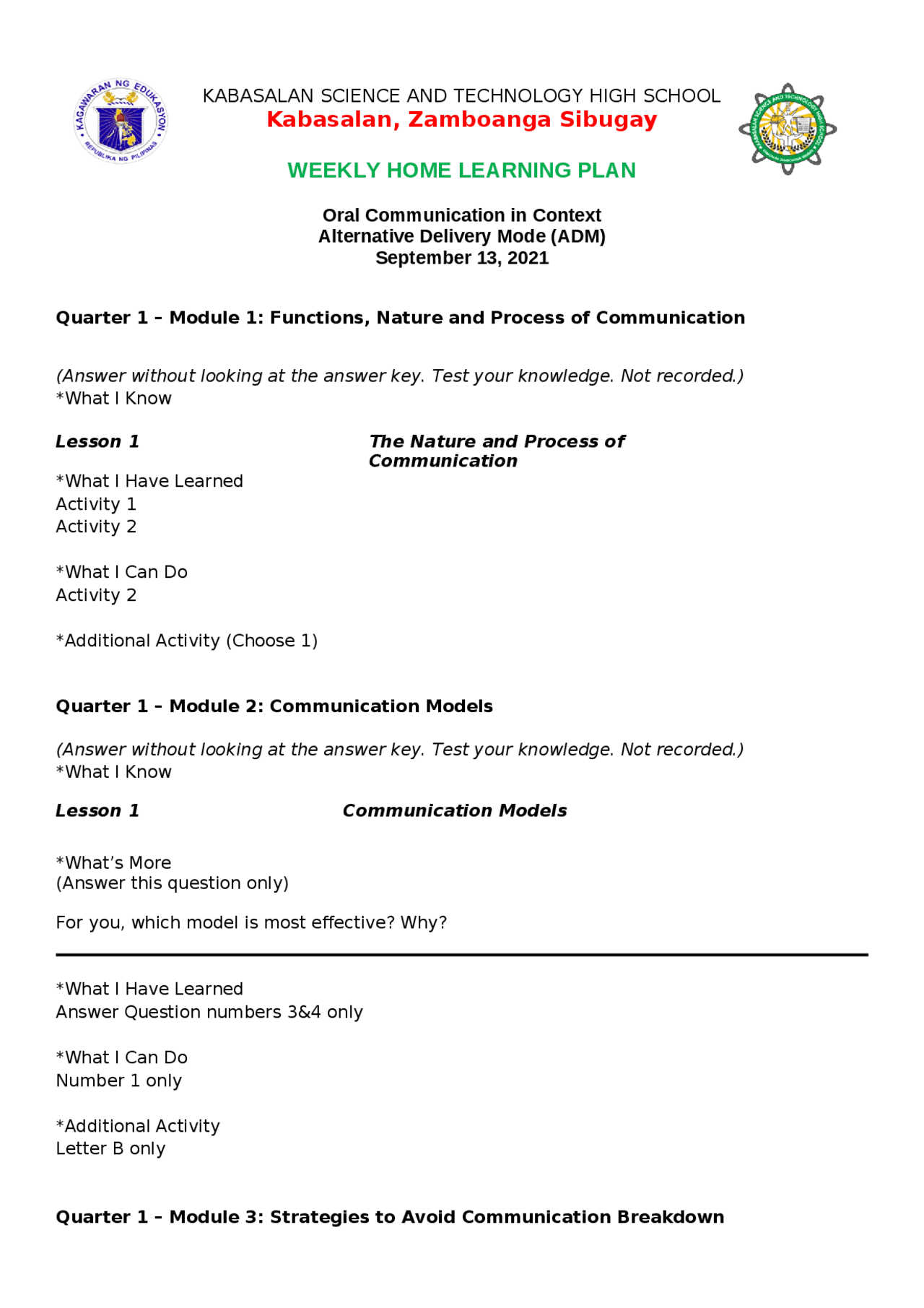 The WHLP for The Oral Communications - Docsity