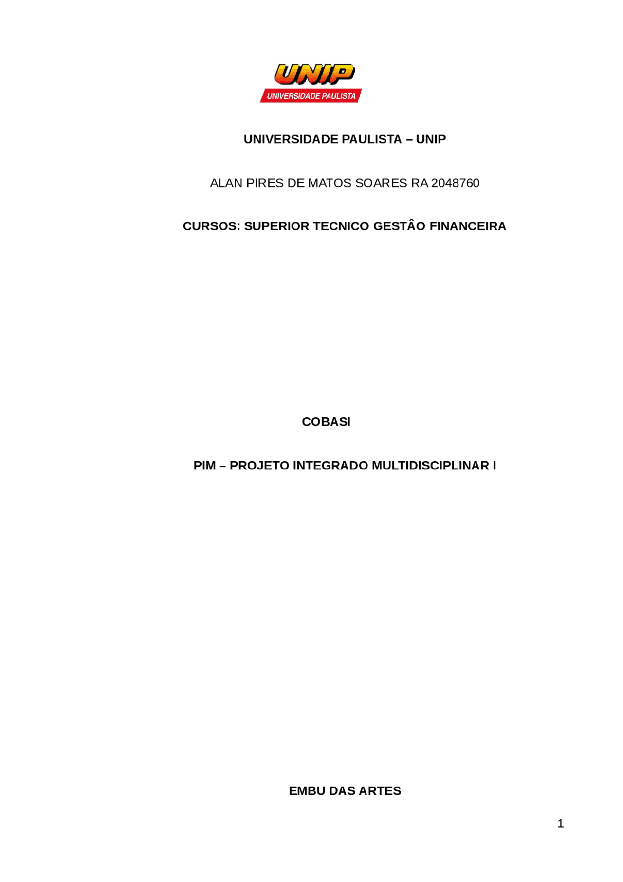 Pim I Do Curso De Gestão Financeira 1 Semestre Docsity