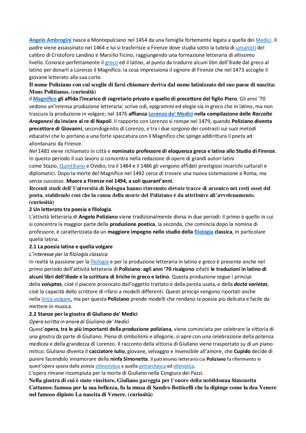 BIOGRAFIA E OPERE DI POLIZIANO | Schemi e mappe concettuali di ...