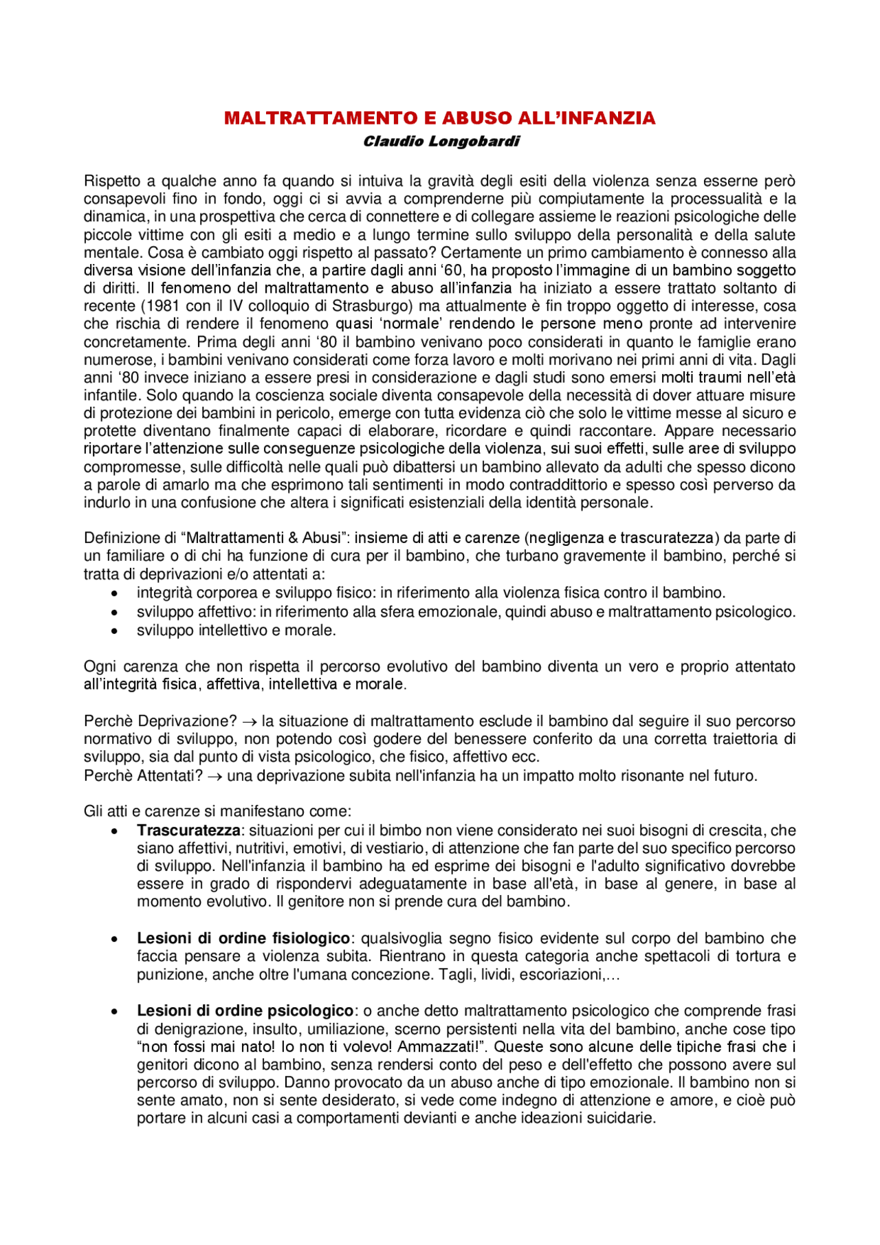 Corso Unito Maltrattamento E Abuso Allinfanzia Longobardi Docsity