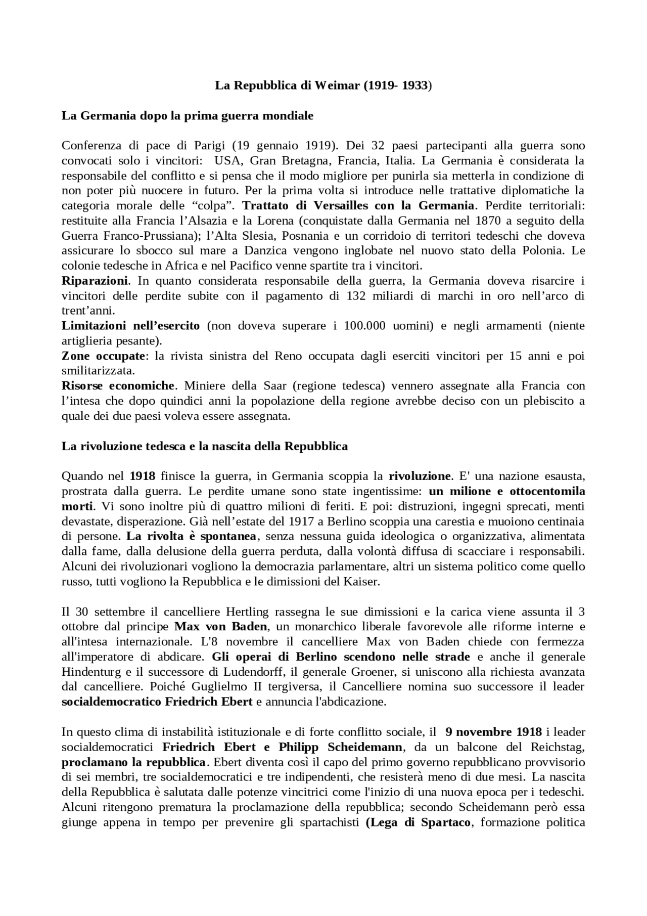 La Repubblica Di Weimar Riassunto Docsity
