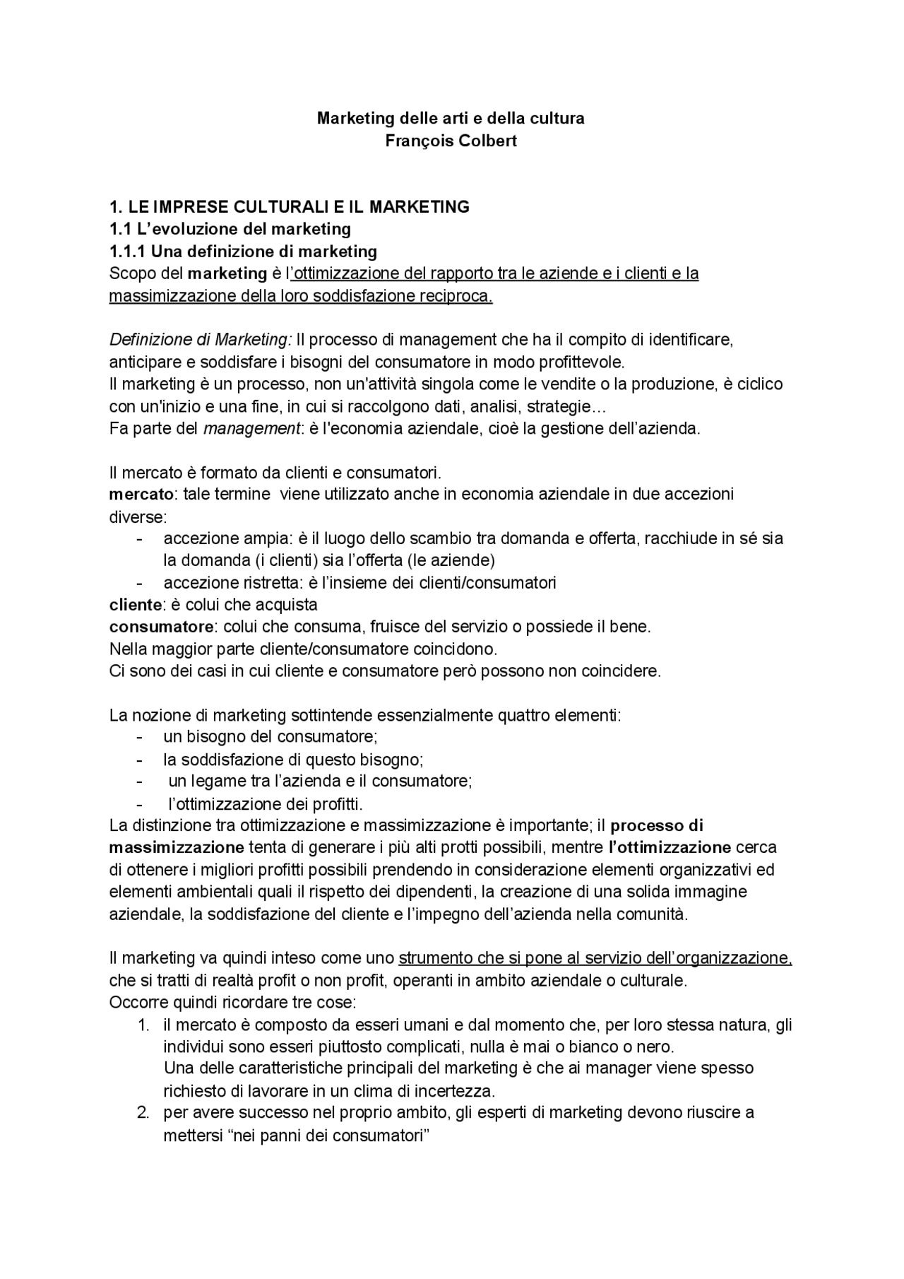 Marketing delle arti e della cultura - François Colbert - Docsity