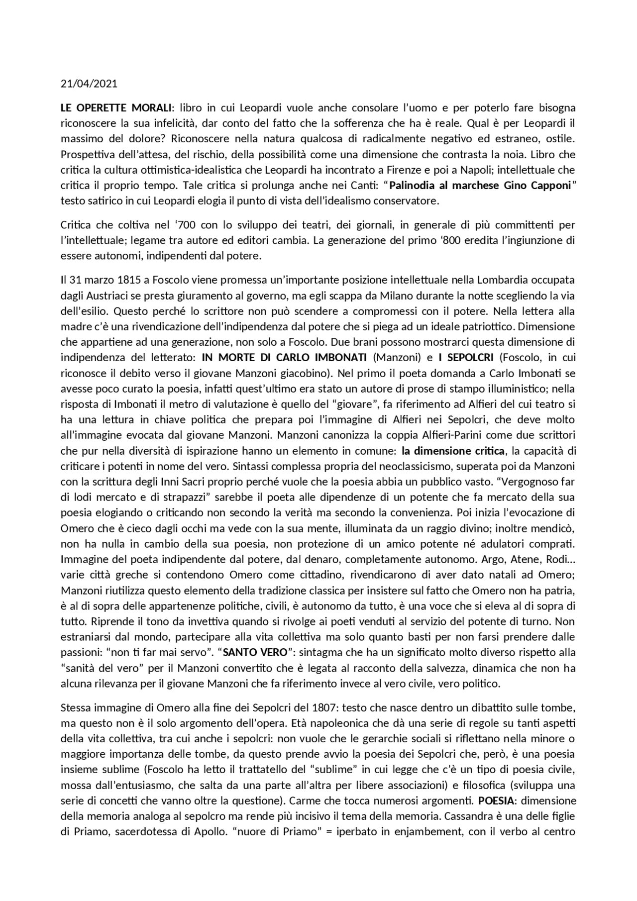 Giacomo Leopardi Sintesi Docsity