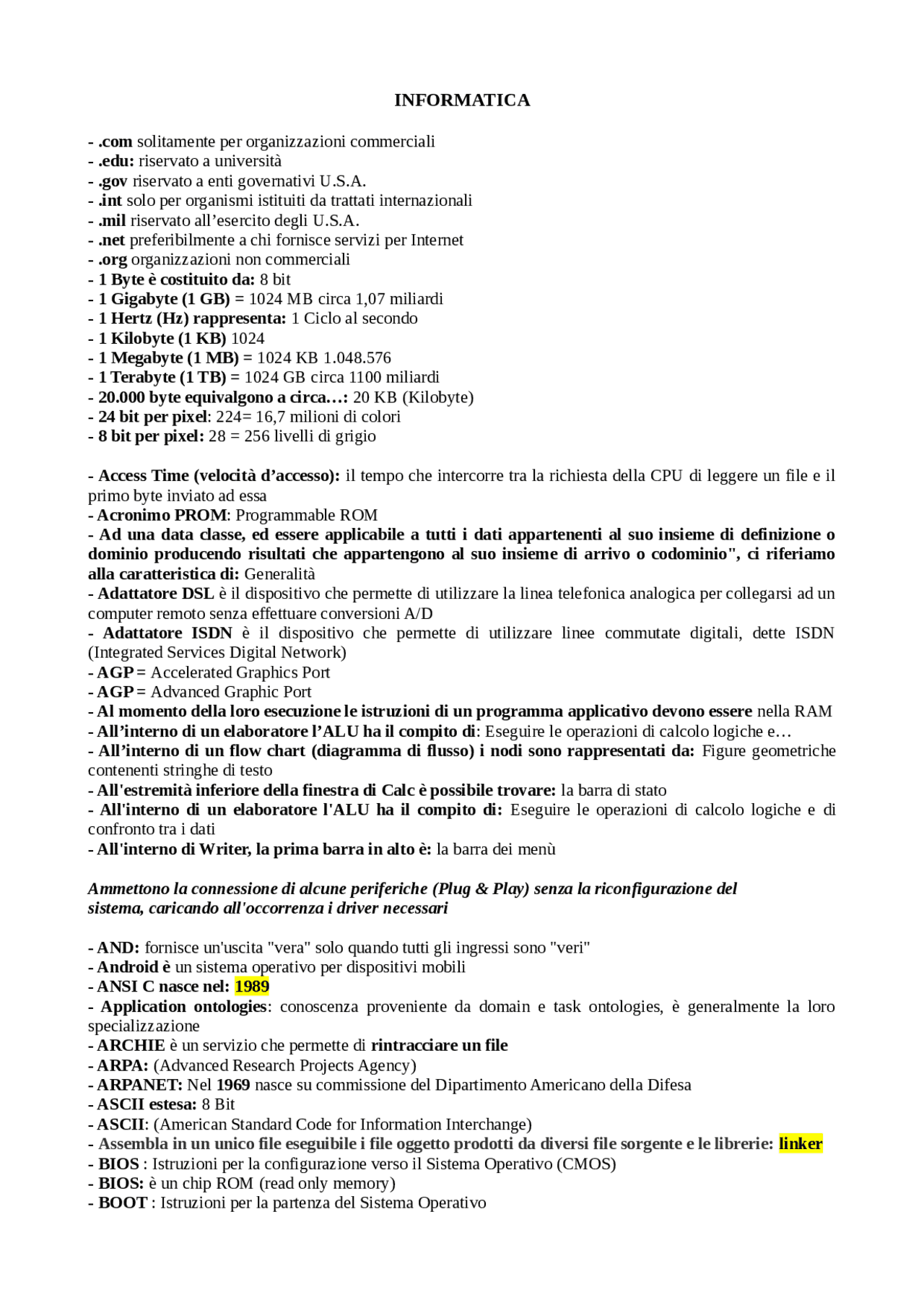 Informatica Di Base Elementi Di Informatica Docsity