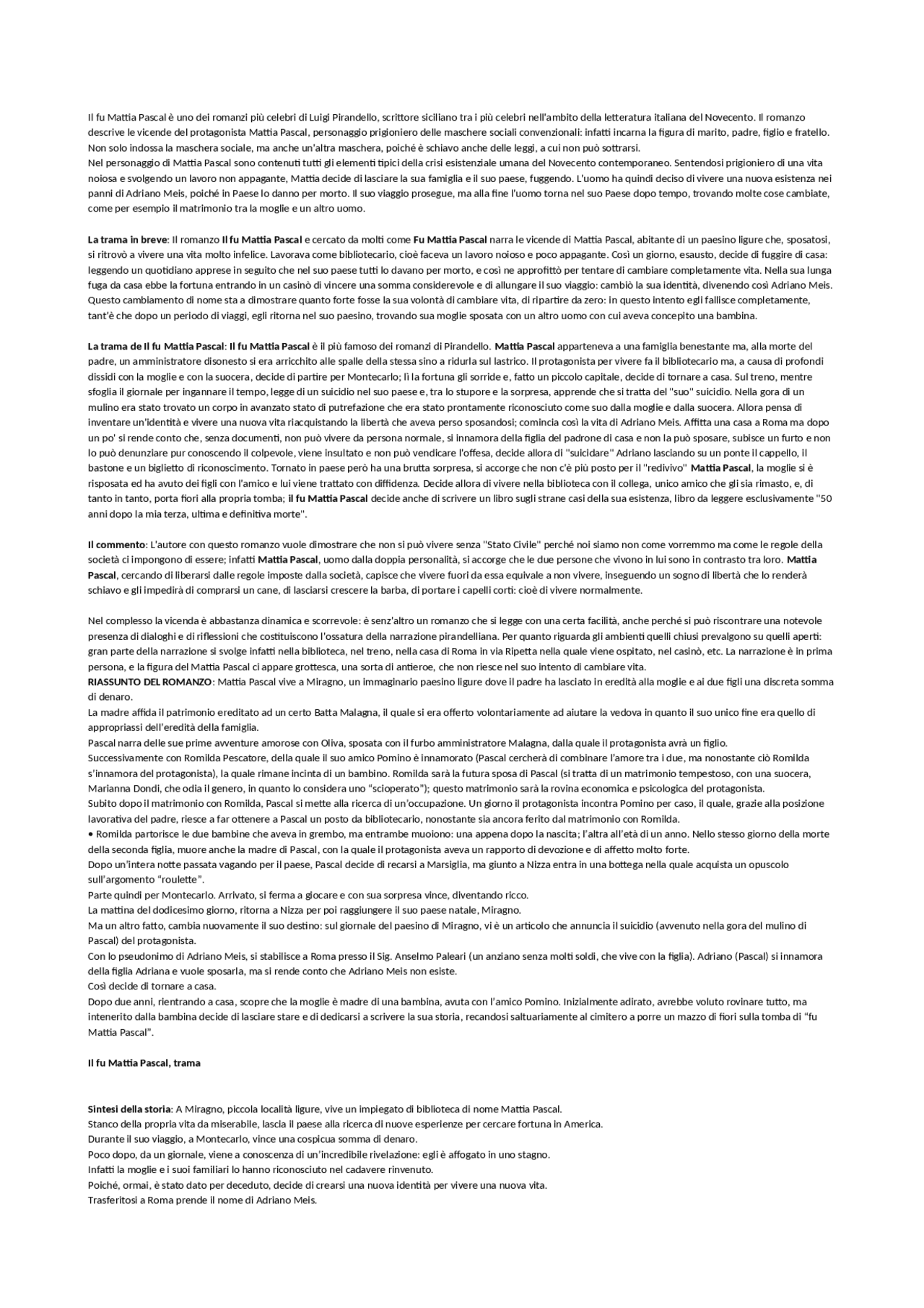 Il Fu Mattia Pascal Riassunto Docsity