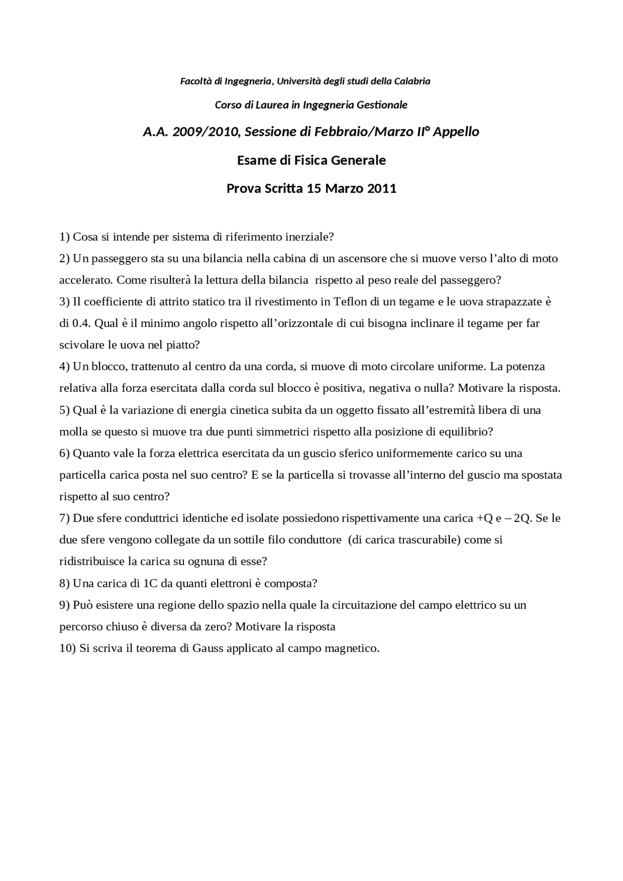 Esame Di Fisica Ingegneria Gestionale Docsity