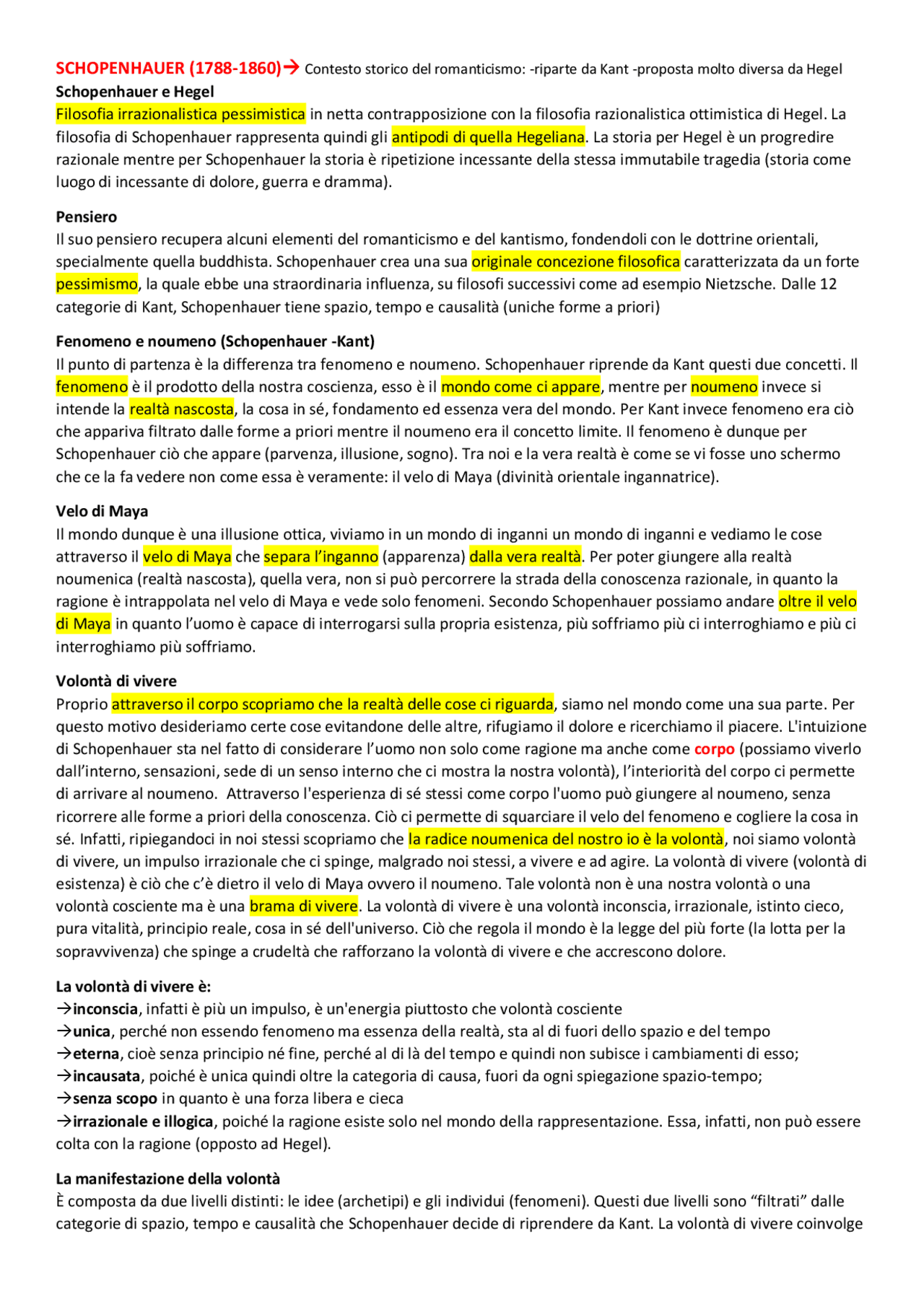 Schopenhauer (programma 5 superiore) - Docsity