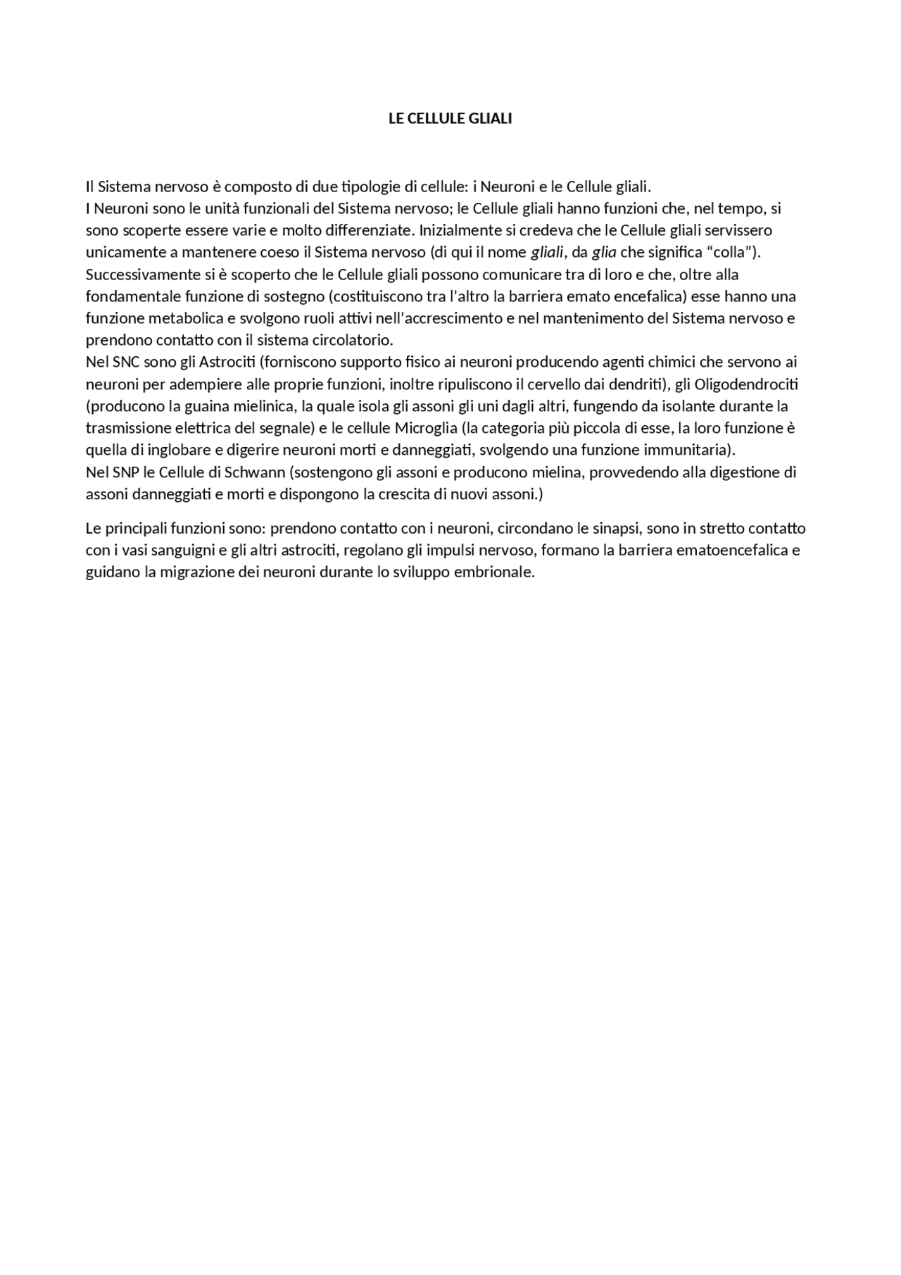 Le cellule gliali - fisiologia - Docsity