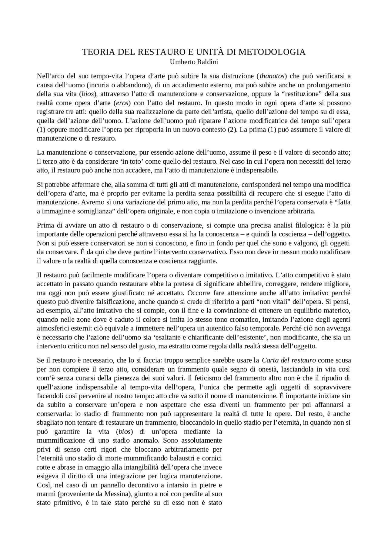 Teoria Del Restauro E Unità Di Metodologia Baldini Docsity