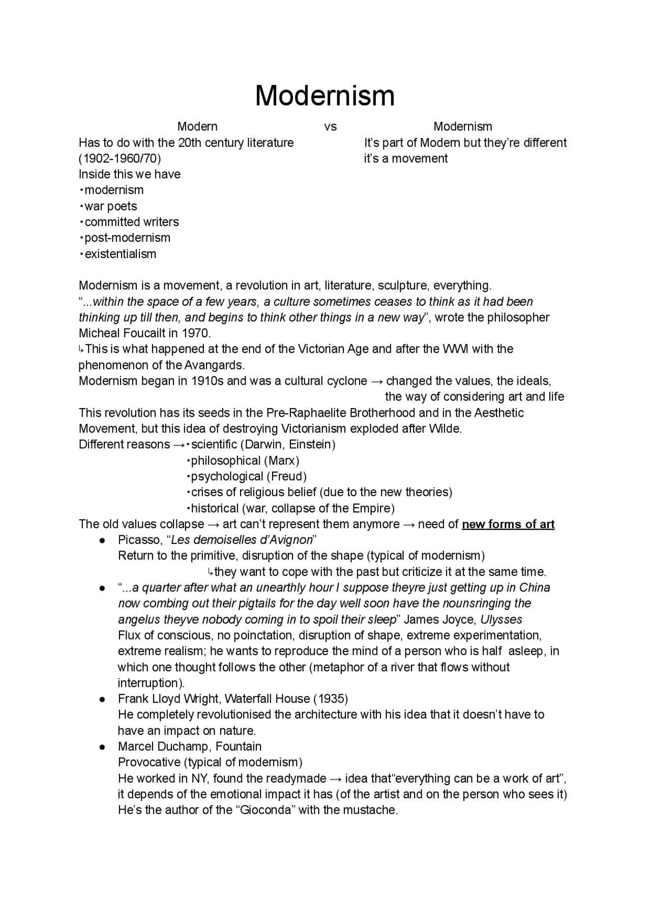 Modernism: general characteristics and main themes - Docsity