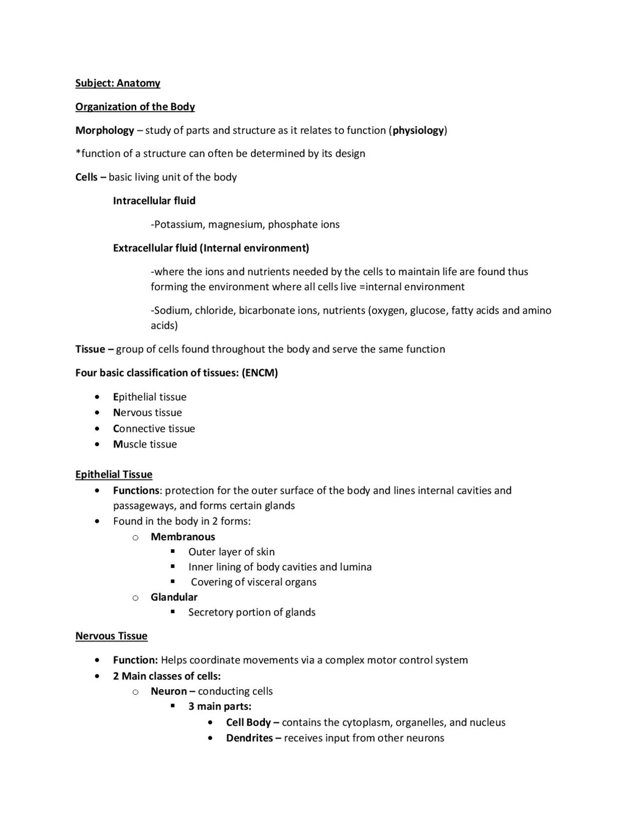 Body Organization and Introduction to Organ Systems - Docsity