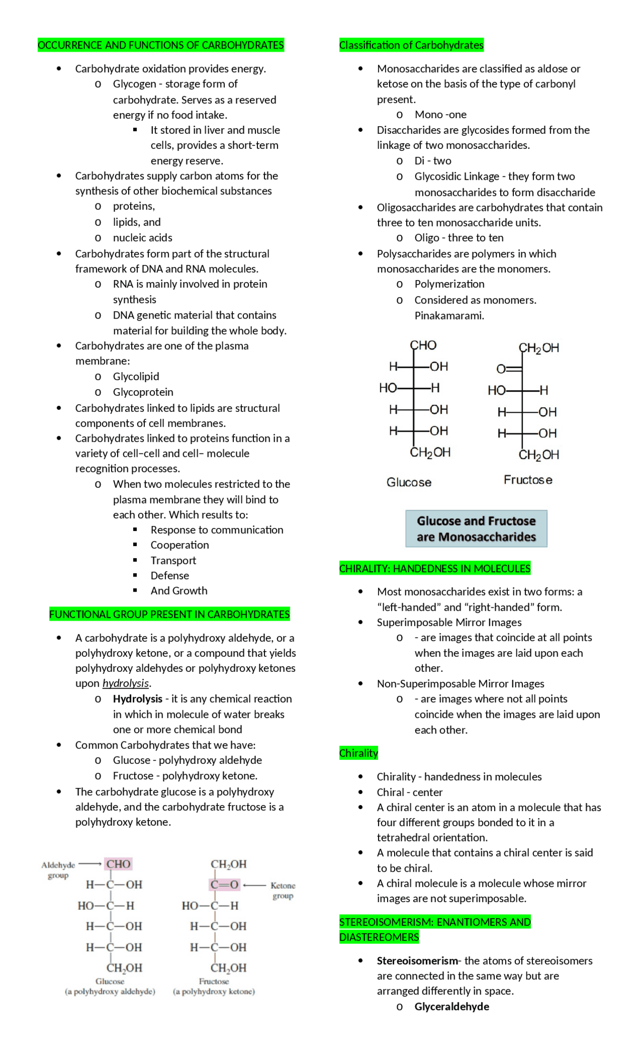 Lecture Notes About Carbohydrates Docsity