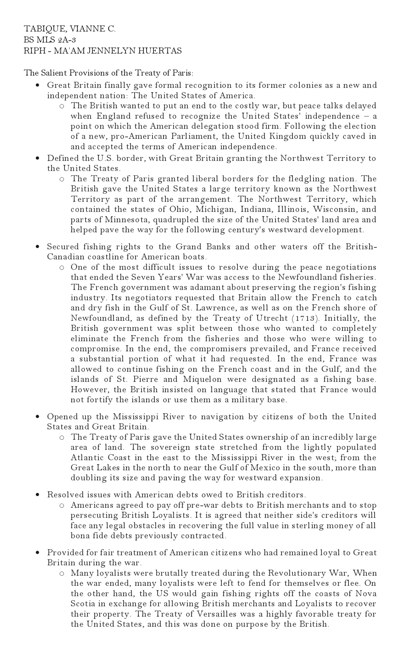 Salient Provision of Treaty of Paris | Assignments History | Docsity
